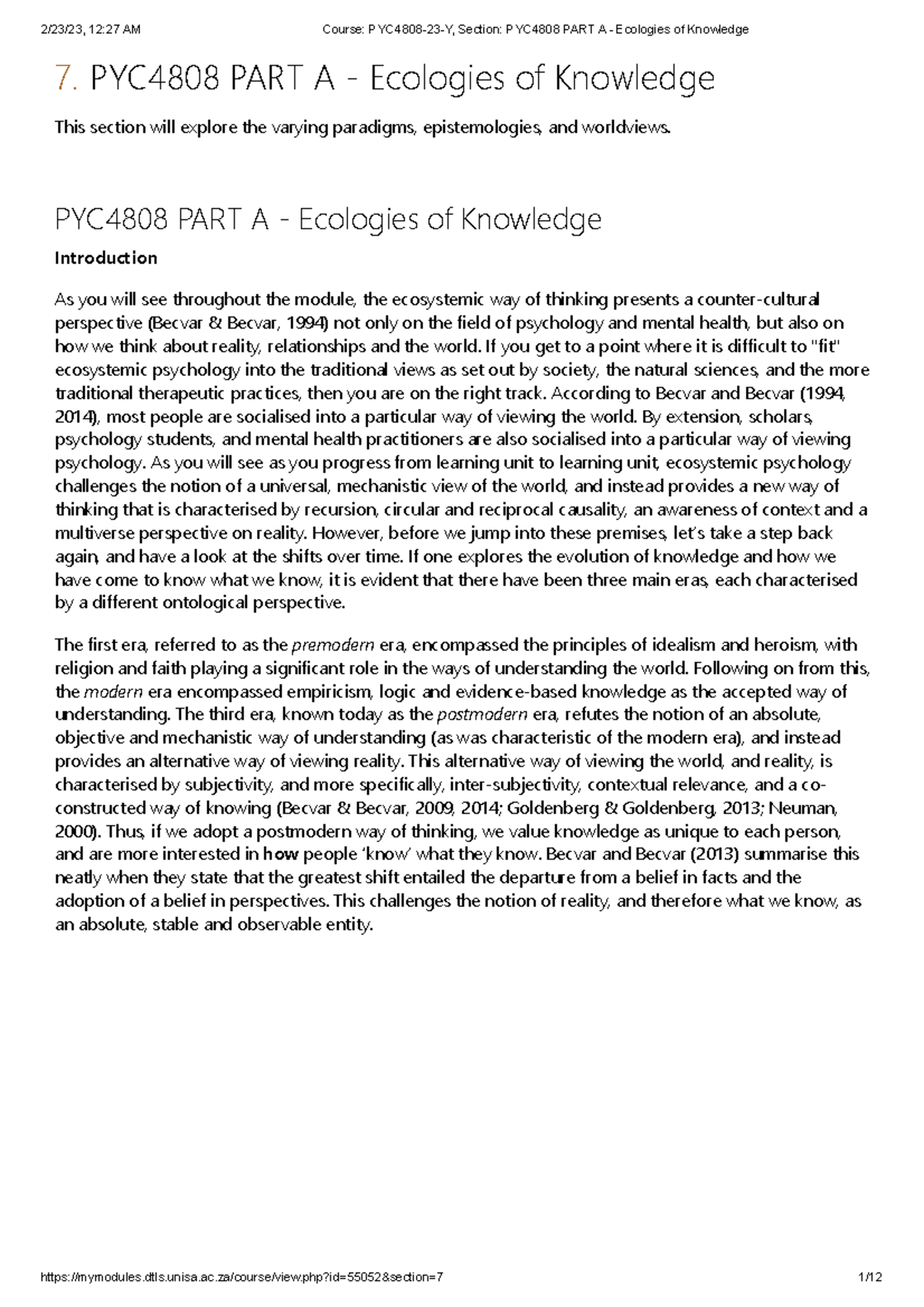 PYC4808 Part A - Exploring Ecologies of Knowledge Paradigms - Studocu