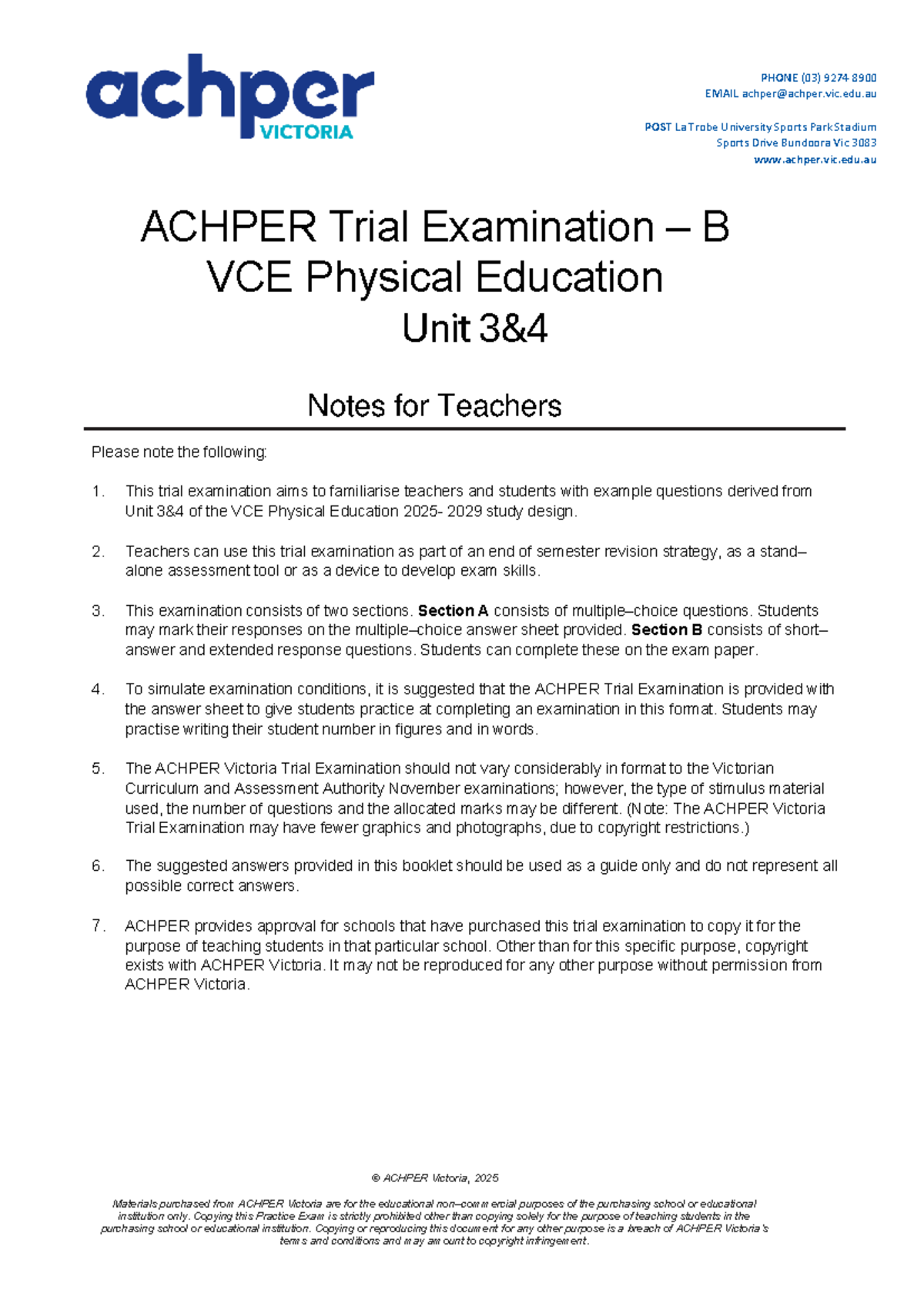 ACHPER 2025 PE Unit 3&4 Trial Exam B Answers - Final Review - Studocu