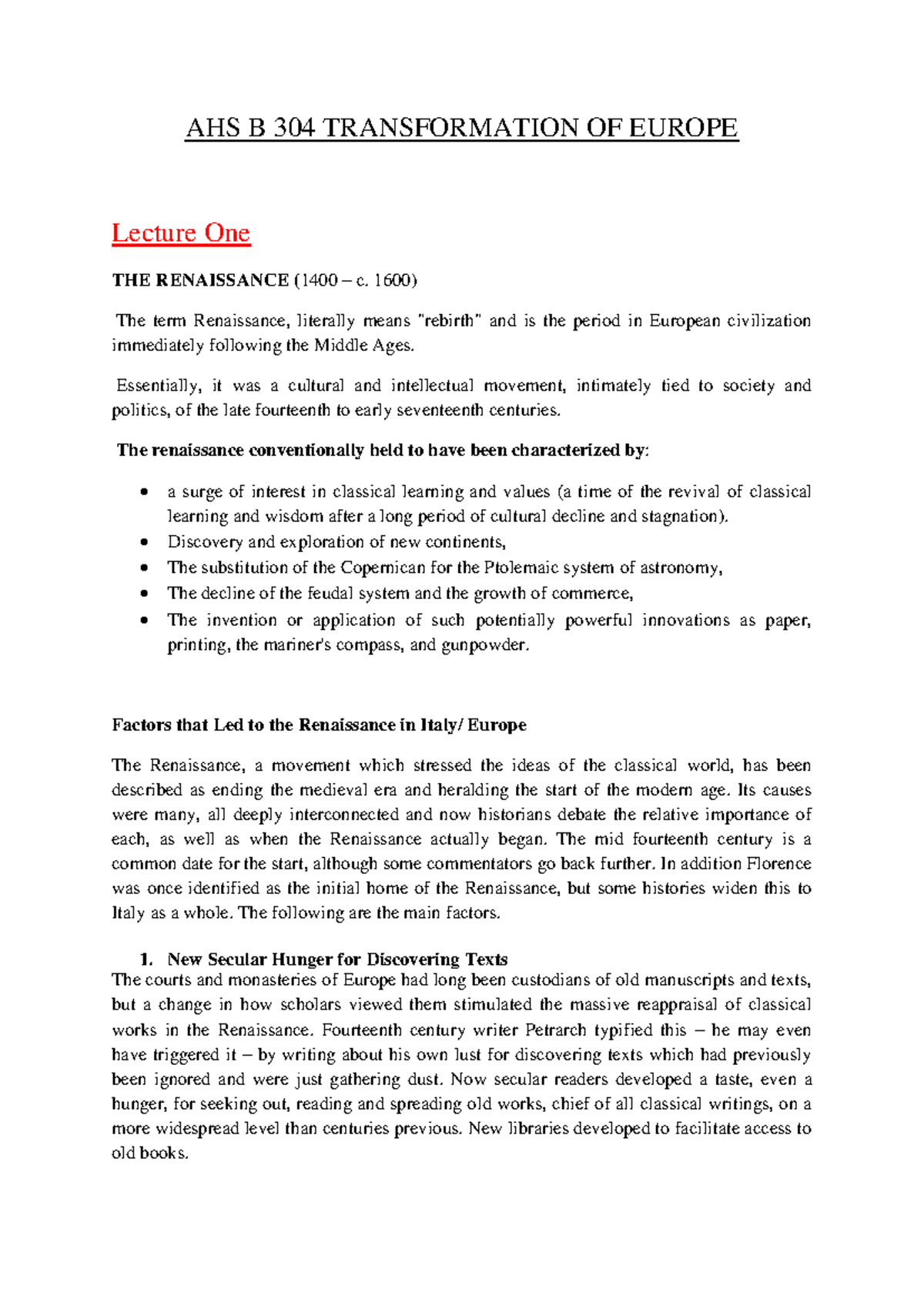 AHS B 304 Lecture Notes: Renaissance and Reformation Overview - Studocu
