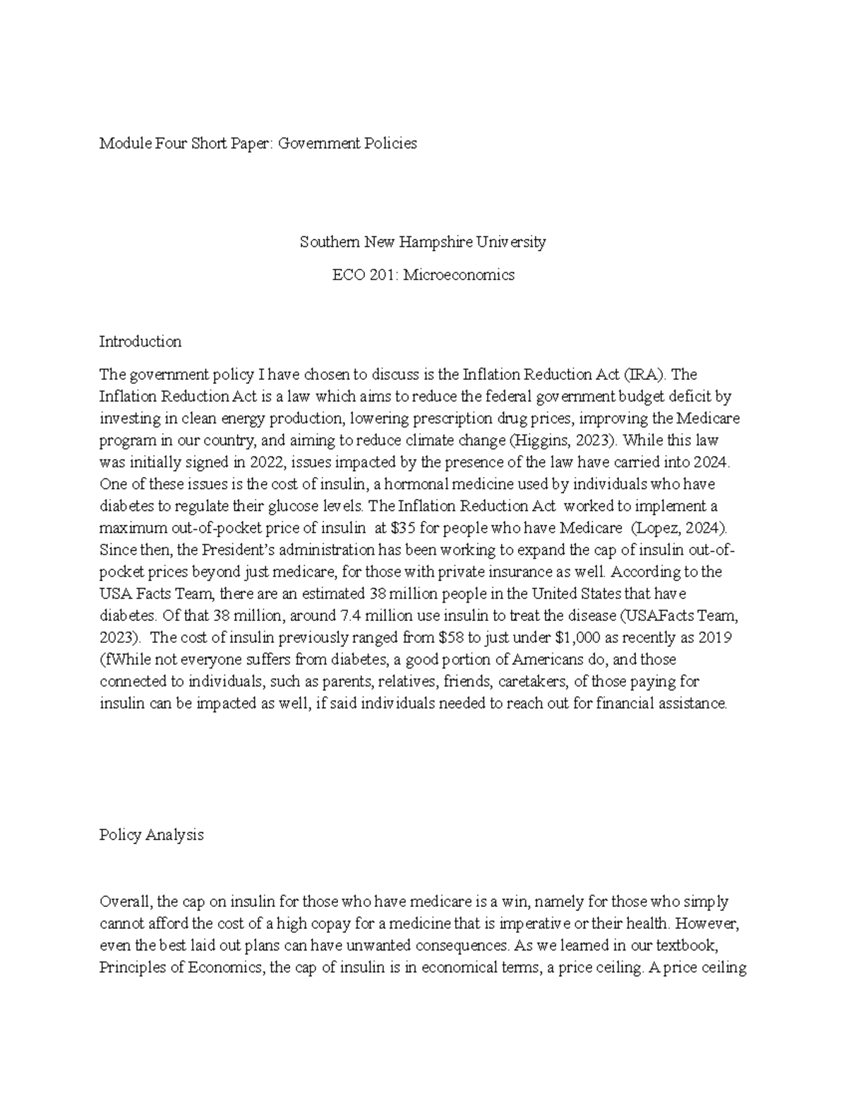ECO 201 Module 4 Short Paper: Evaluating the Inflation Reduction Act ...