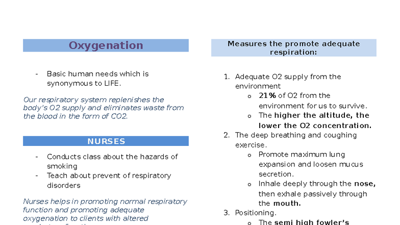 Oxygenation: Essential Nursing Notes for NUR 101 Students - Studocu