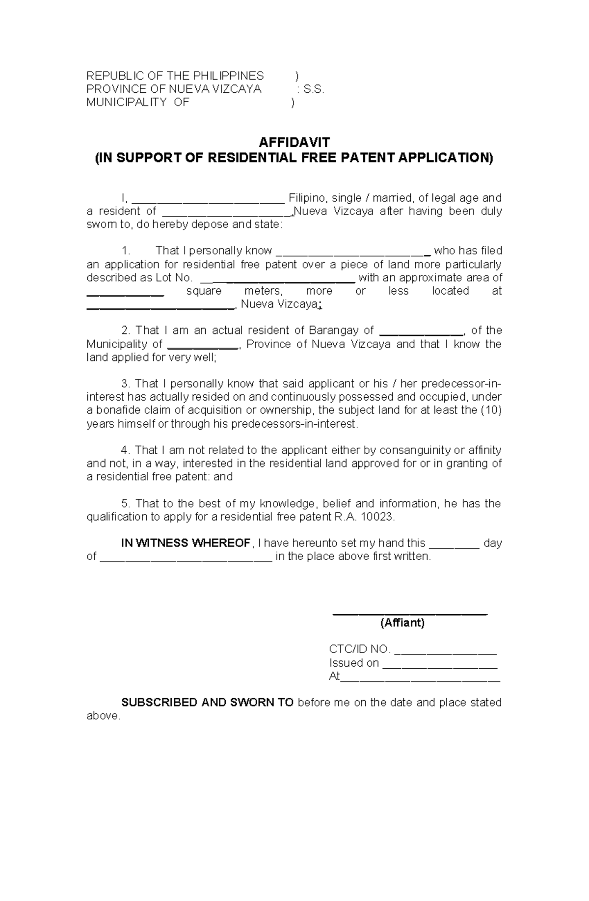 Affidavit of RFPA - Sample - REPUBLIC OF THE PHILIPPINES ) PROVINCE OF ...