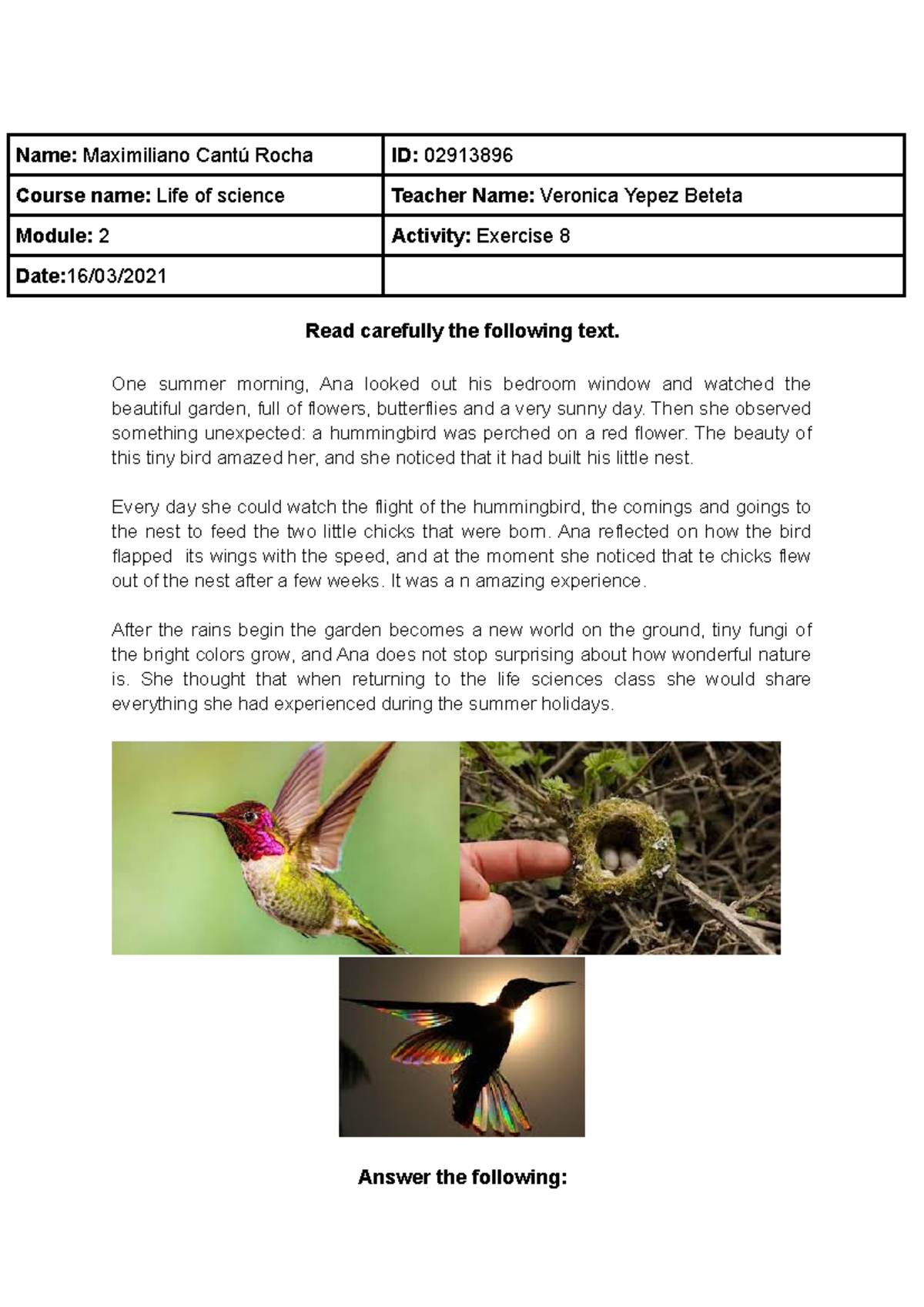 Act.8 - LS - Description of the life and ecosystem of the hummingbird ...