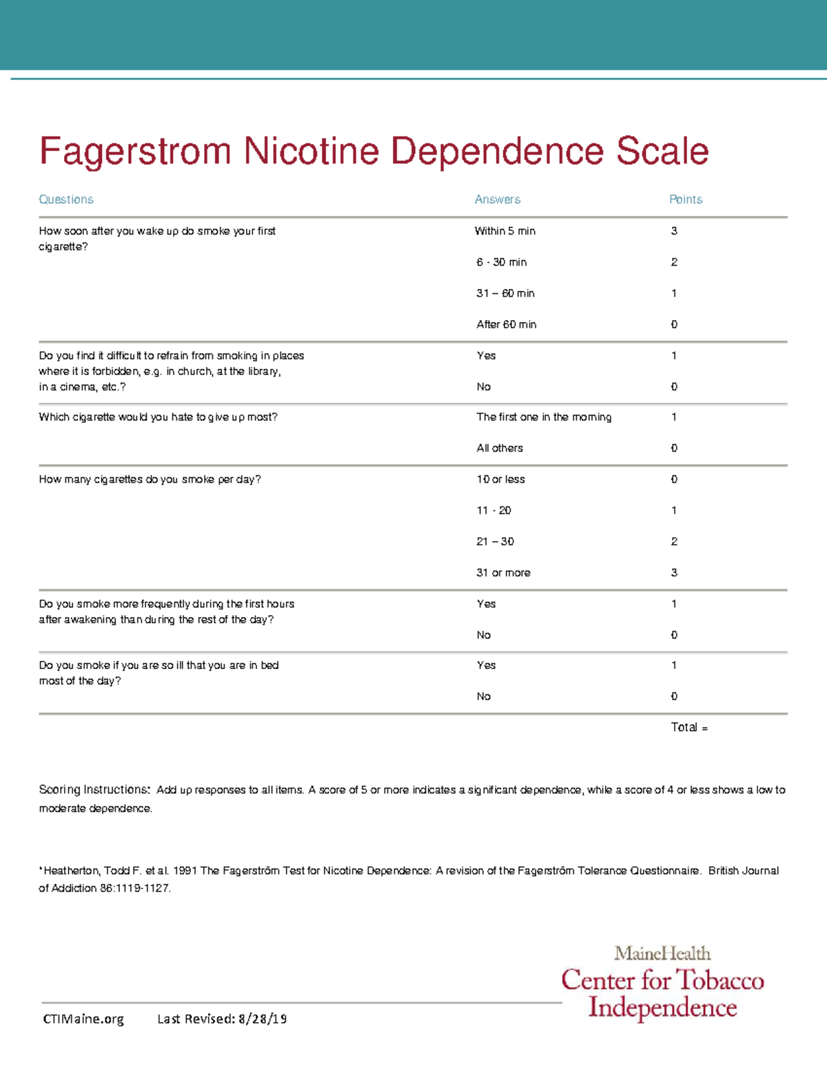Fagerstrom Nicotine Dependence Scale: Questions & Scoring Guide - Studocu