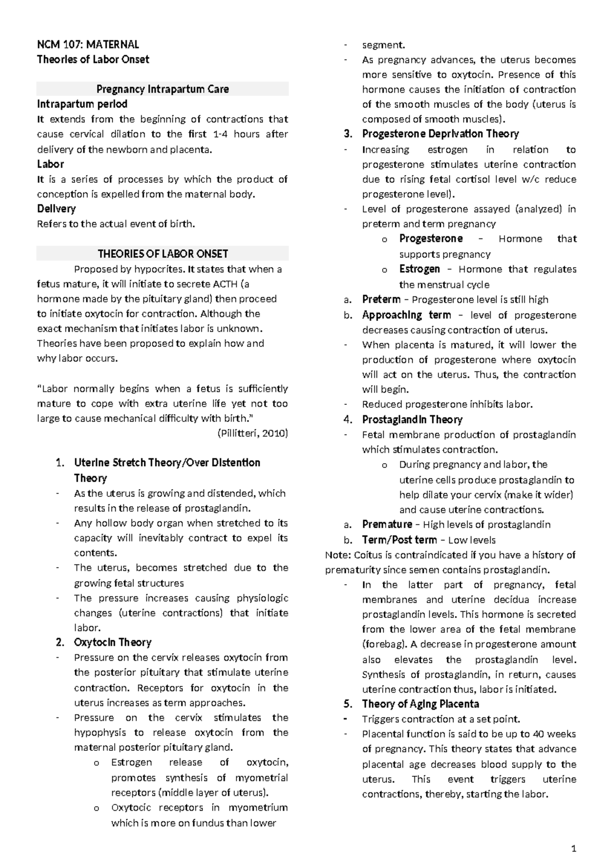 NCM 107: Theories of Labor Onset in Maternal and Child Health - Studocu