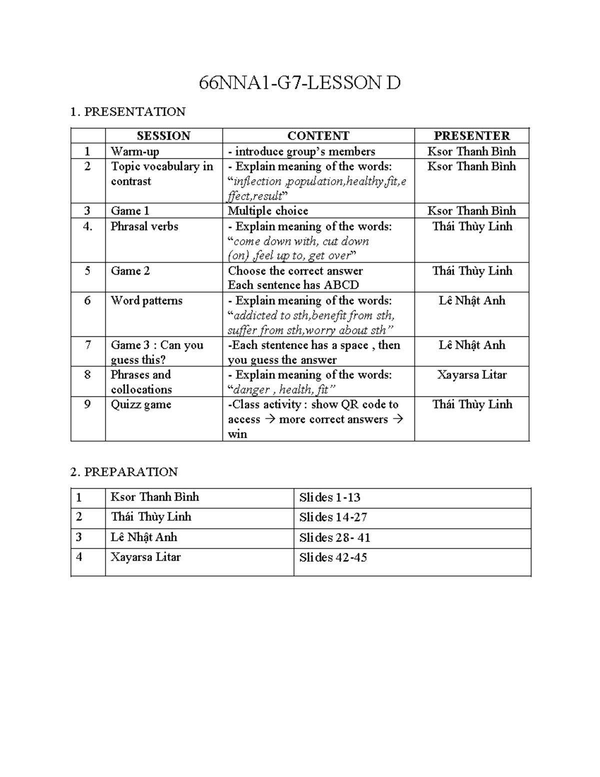 66NNA1-G7-Lesson D: Vocabulary Games & Activities - Studocu