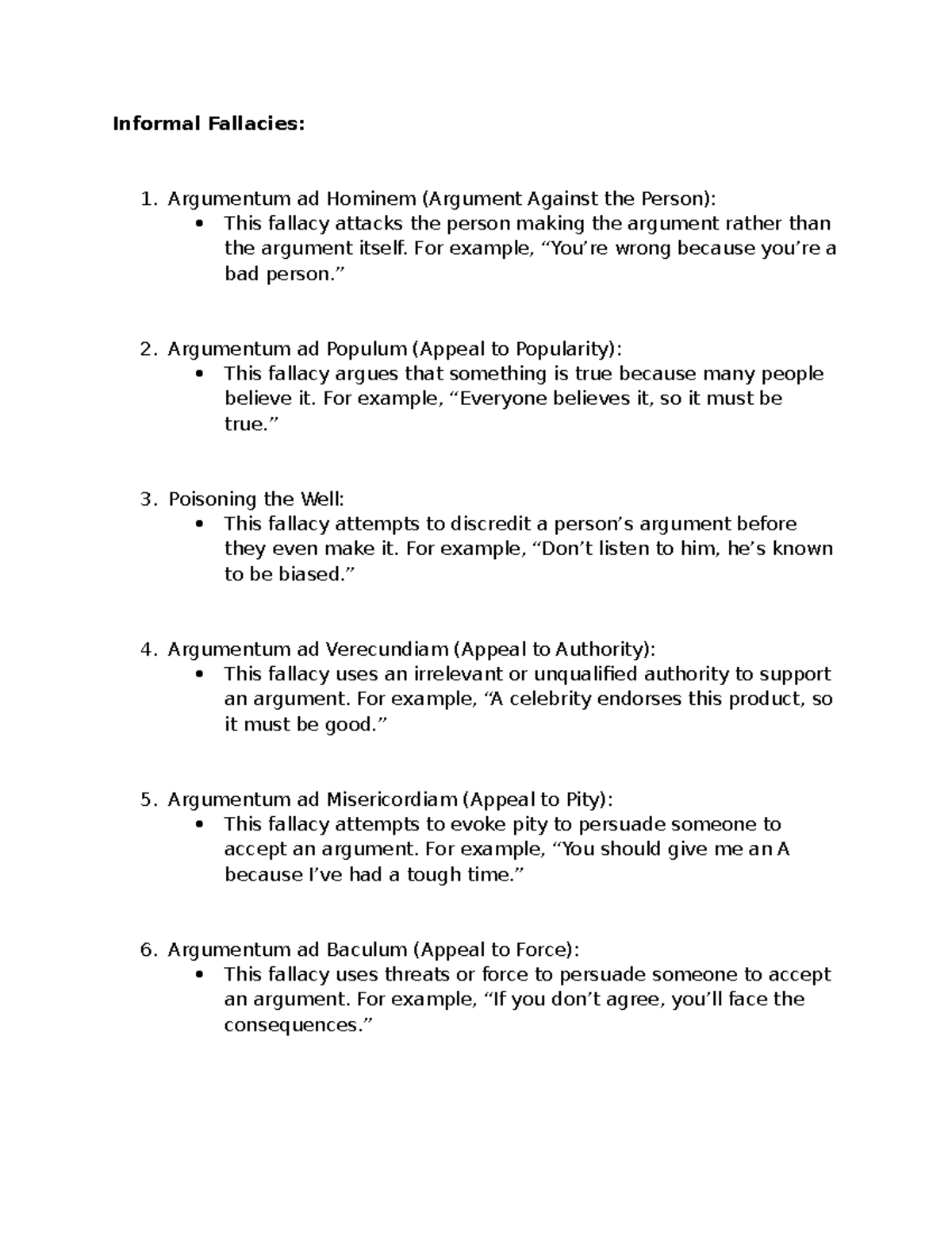Informal fallacies - Informal Fallacies: 1. Argumentum ad Hominem ...