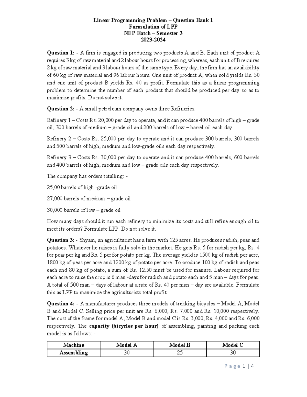 Linear programming Question Bank 1(2023-2024) - Formulation of LPP NEP ...