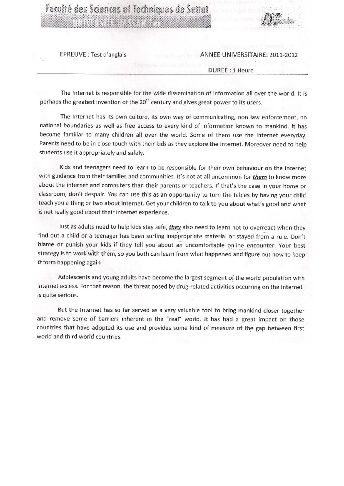 FST SETTAT: Test on Internet Impact and Safety Guidelines - Studocu