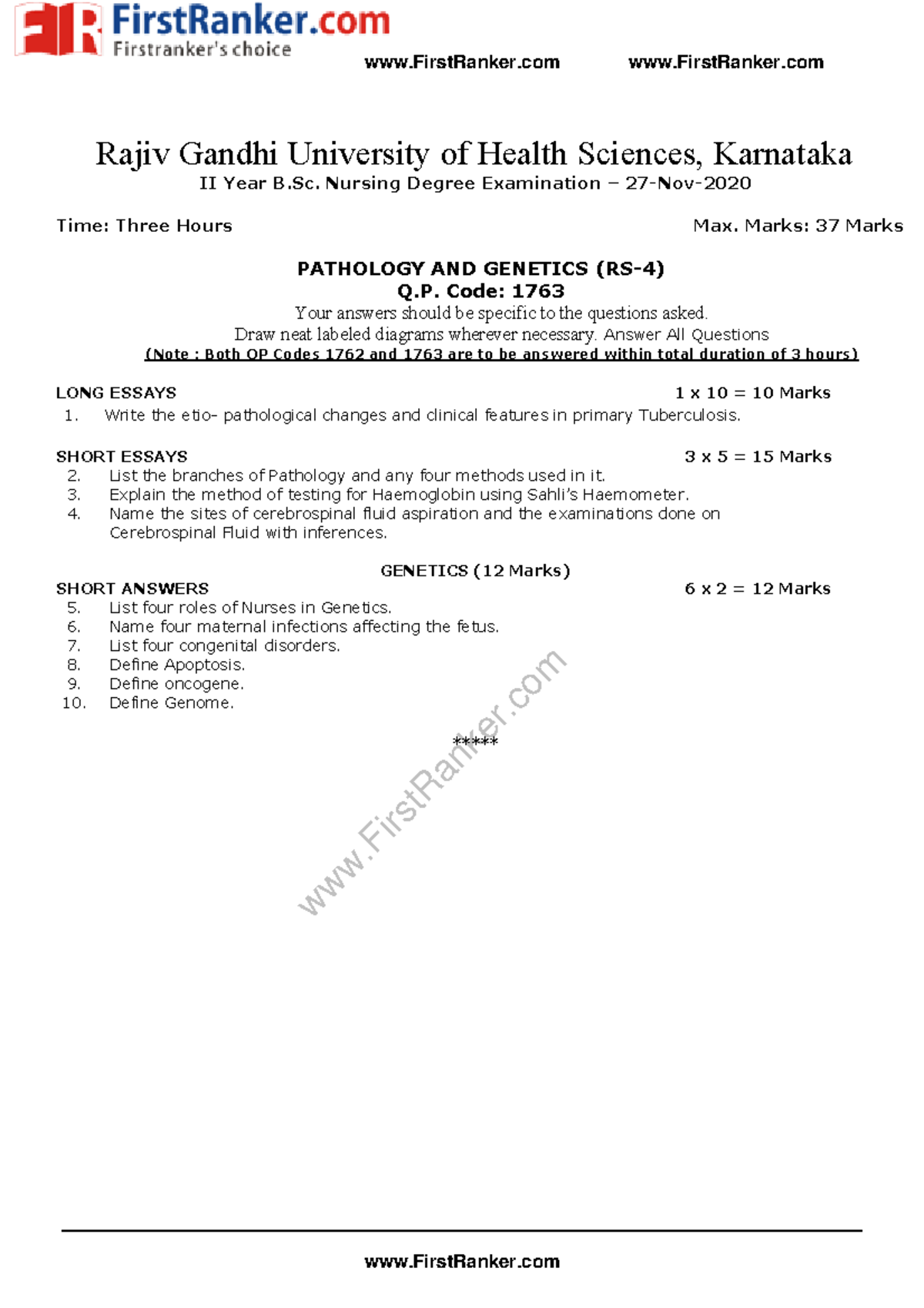 Pathology & Genetics Previous Exam Papers (RS-4) - II Year B. Nursing ...