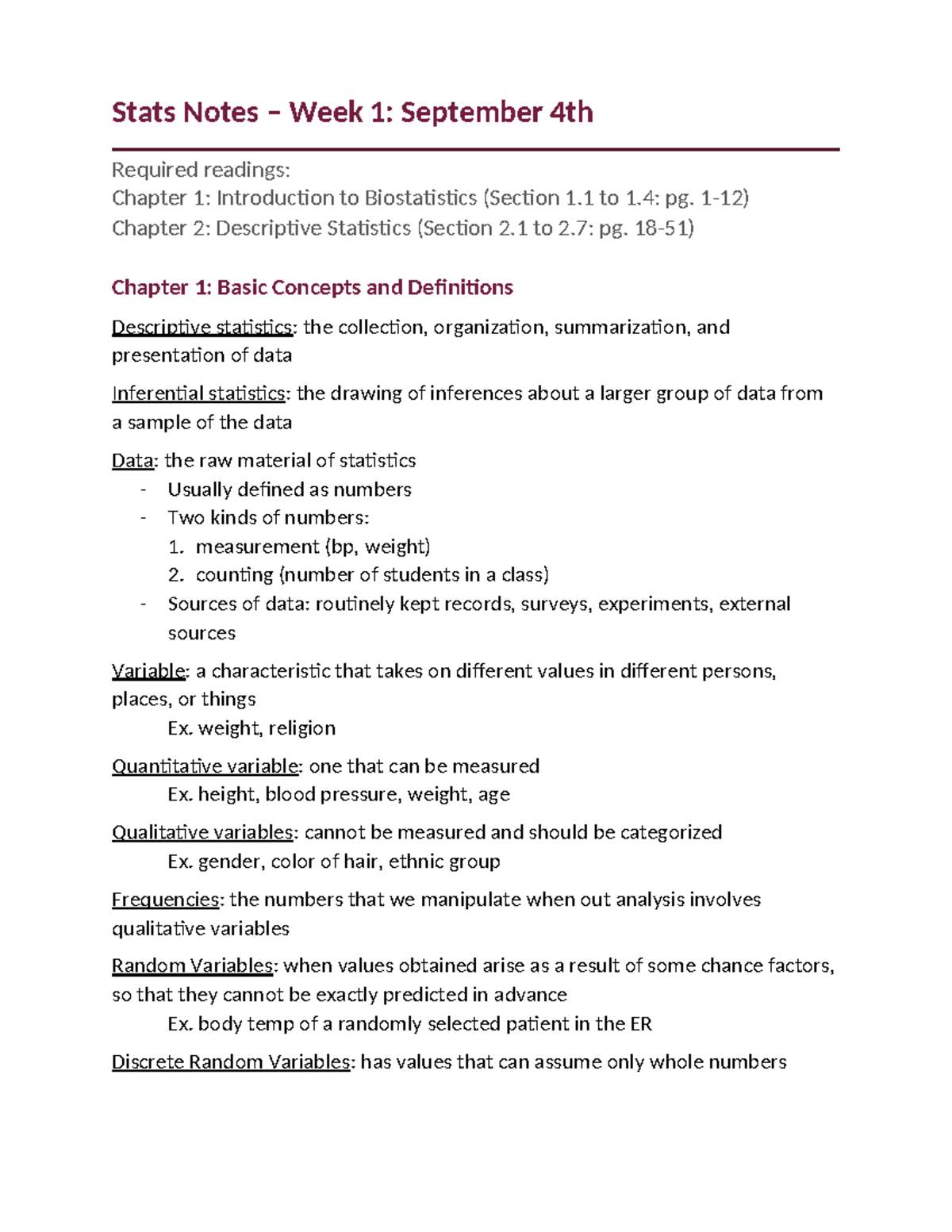 Stats 101: Week 1 Notes on Biostatistics & Descriptive Stats - Studocu