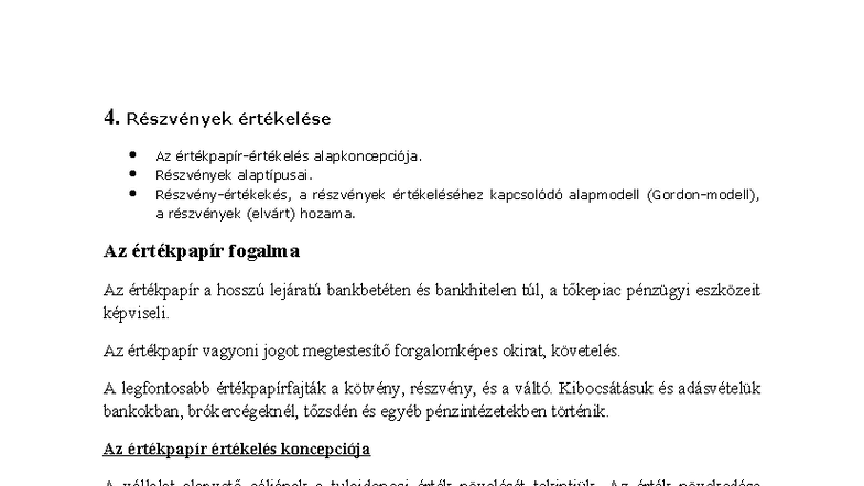 4. Részvények Értékelése: Alapmodellek és Jövőbeli Hozamok - Studocu