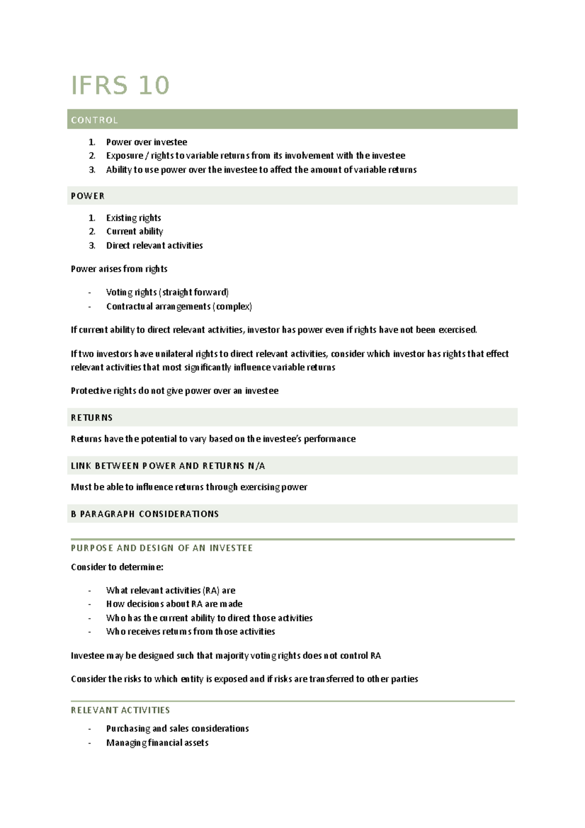 IFRS 10: Summary Notes on Control, Power, and Returns Management - Studocu