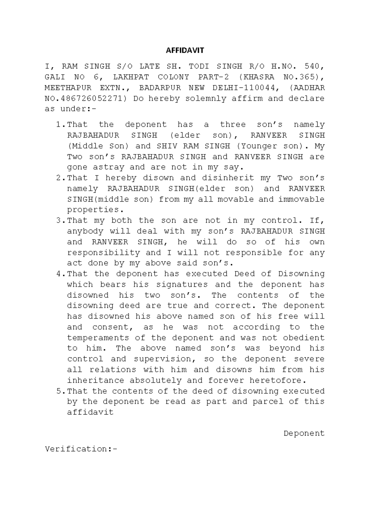 Disownment Deed of RAM SINGH: Legal Affidavit & Public Notice - Studocu