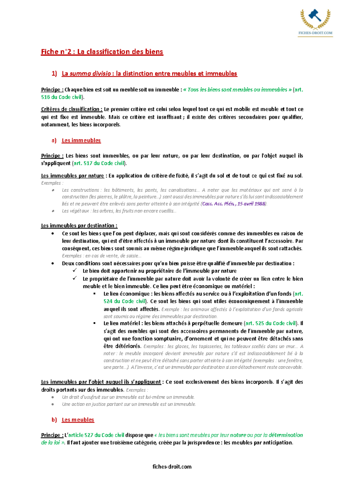 Classification des Biens en Droit : Meubles et Immeubles - Fiche Droit ...