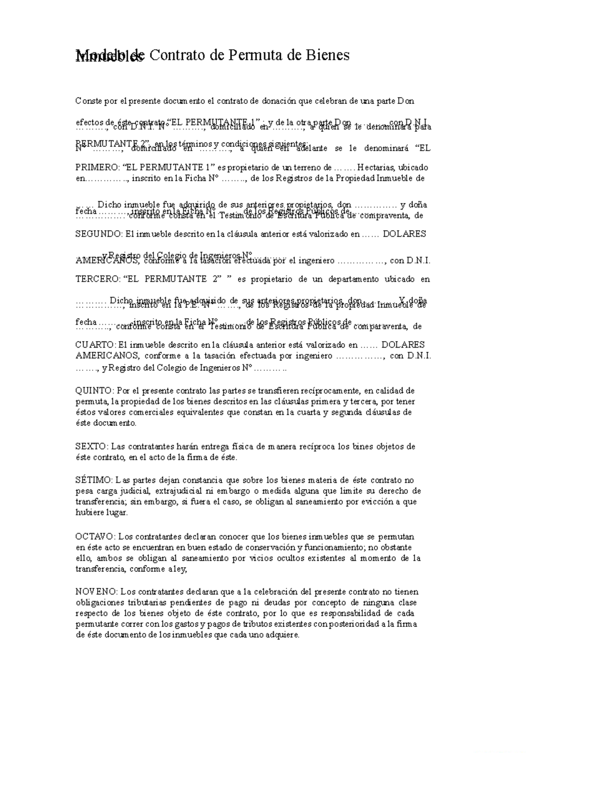 Modelo de Contrato de Permuta de Bienes Inmuebles - Dlstudocu - Studocu