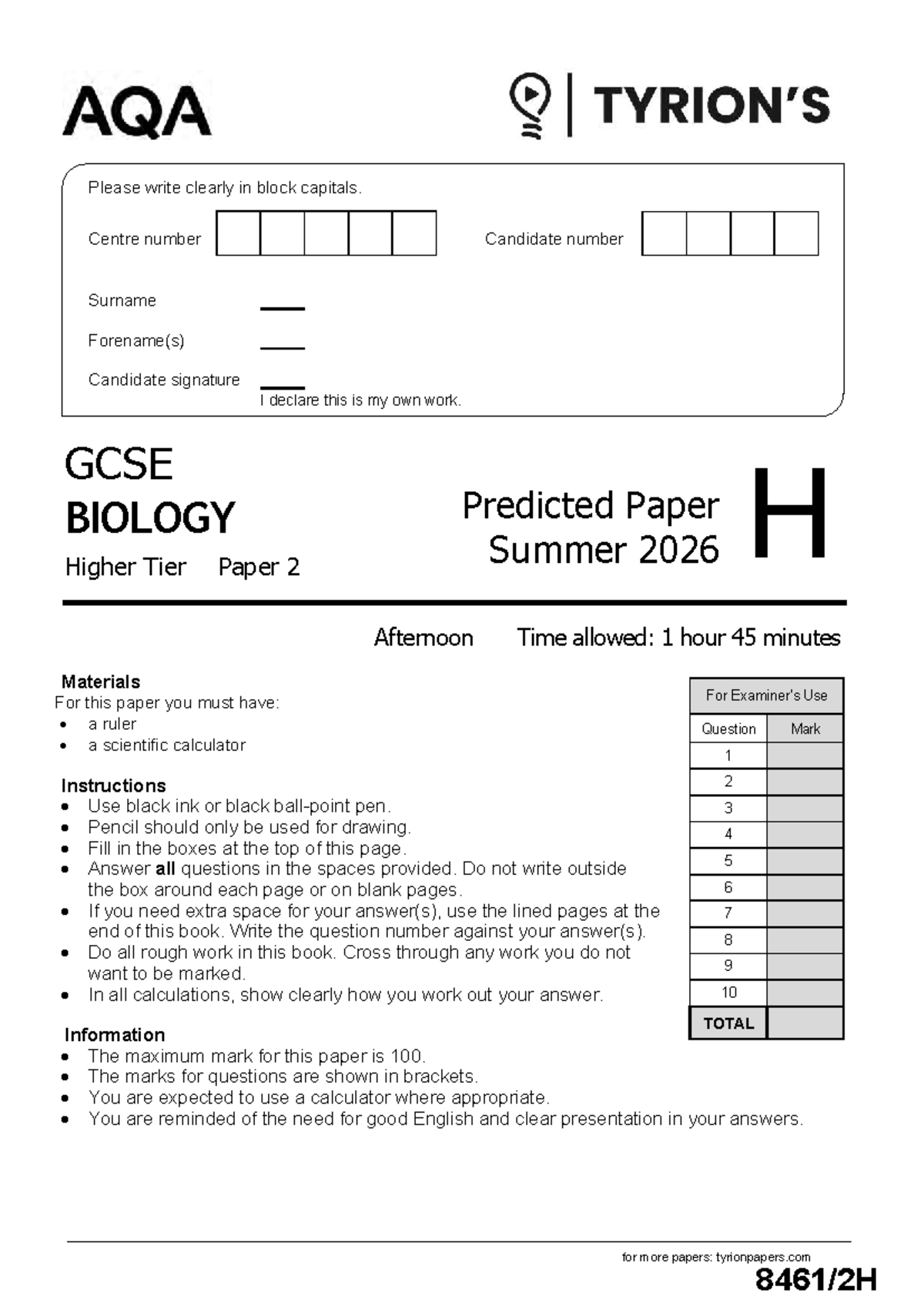 AQA GCSE Biology Higher Tier Paper 2 Predicted Exam June 2026 - Studocu