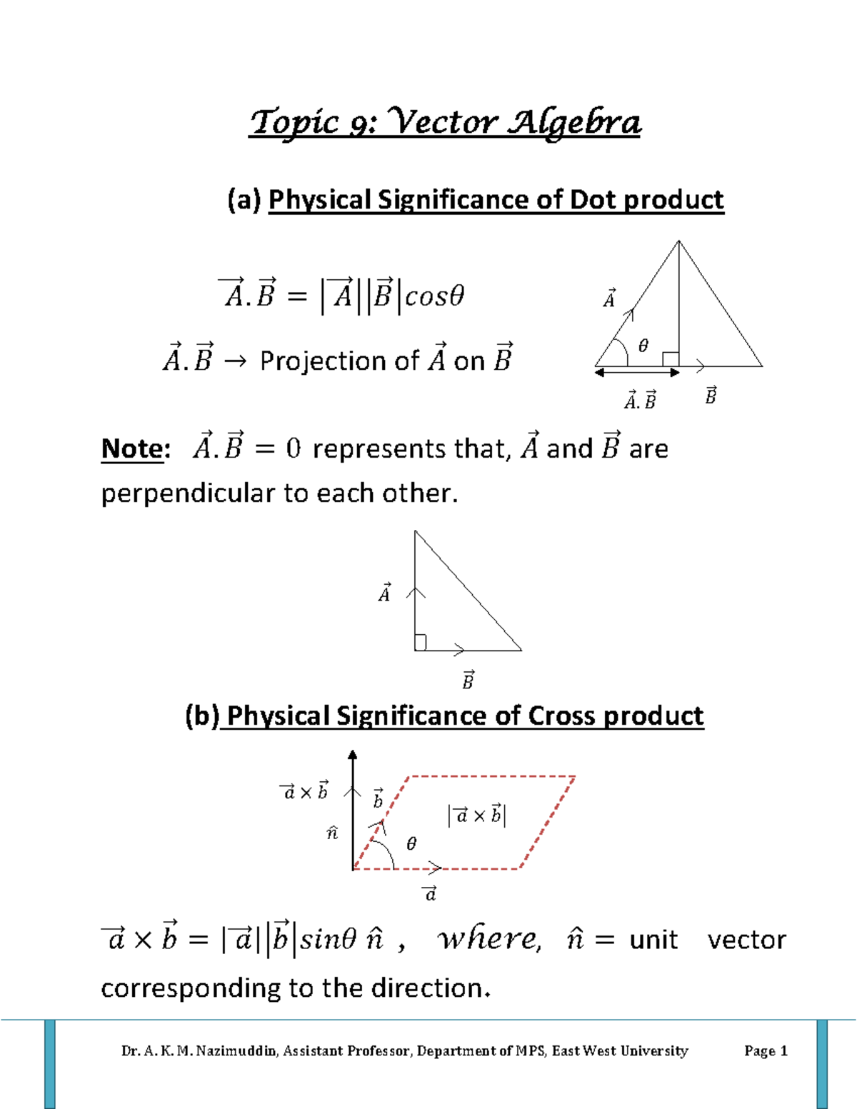 MAT104 Vector Algebra: Physical Significance of Dot & Cross Products ...