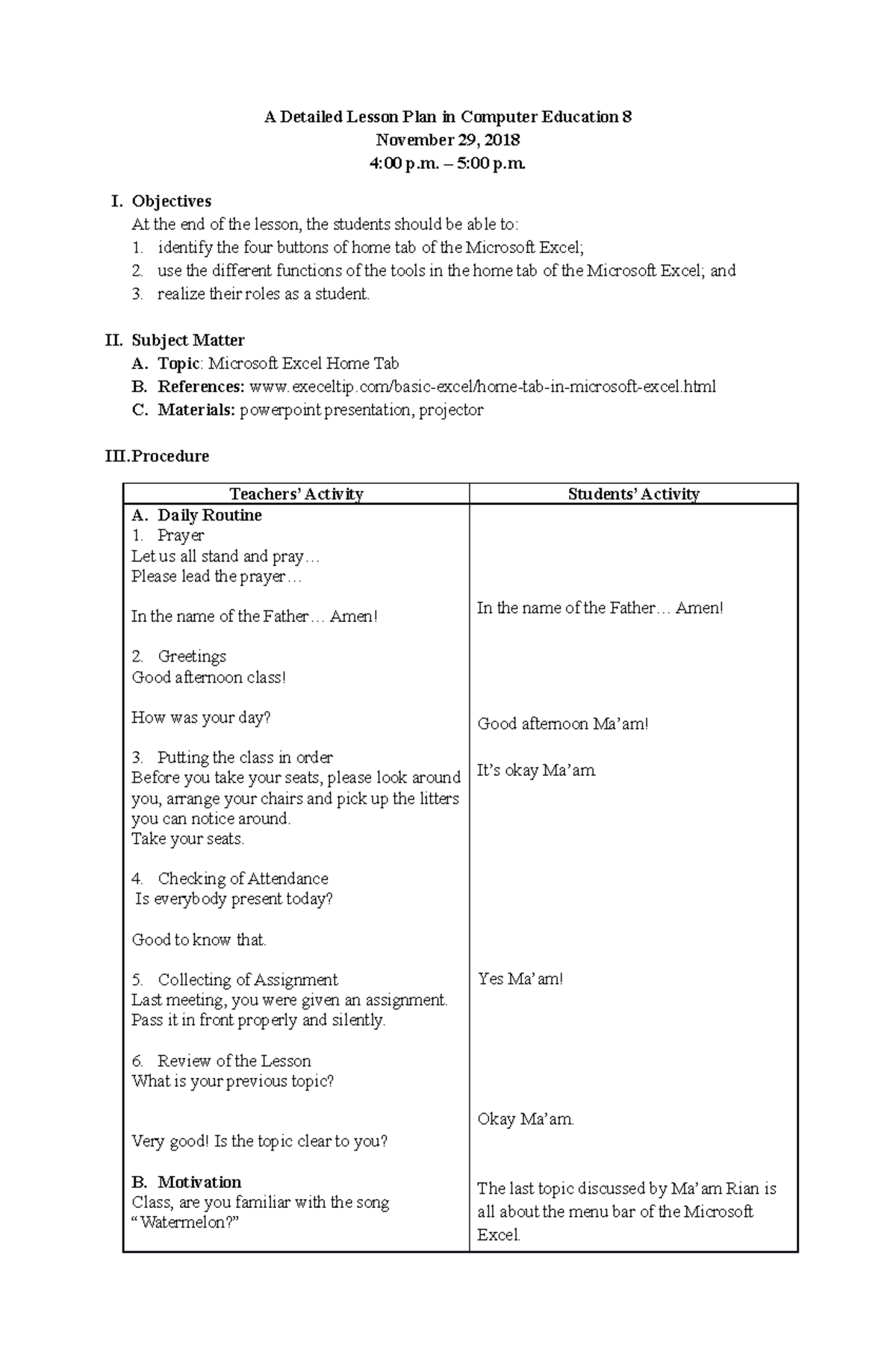 A Detailed Lesson Plan in ICT 8 - MS Excel HOME TAB - A Detailed Lesson ...