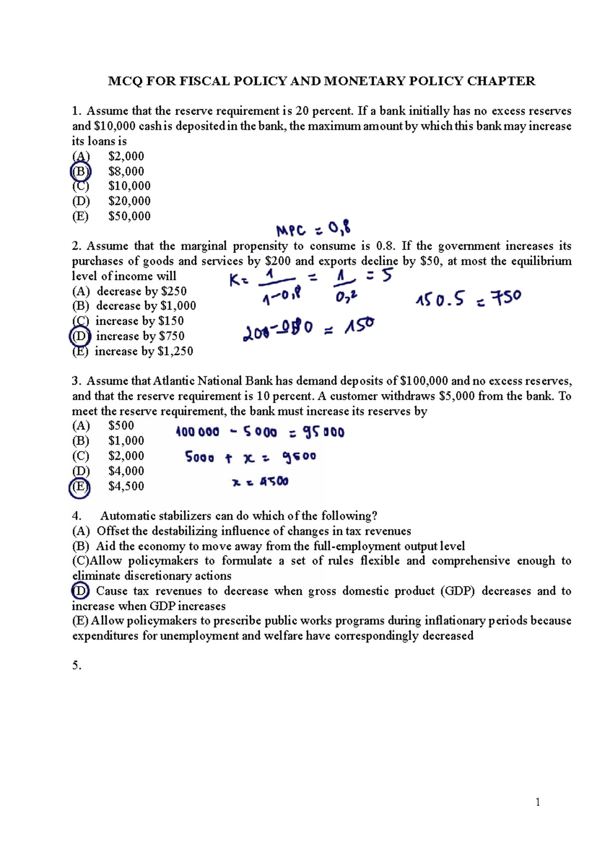 MCQ for Fiscal Policy & Monetary Policy - Chapter 1 Review - Studocu