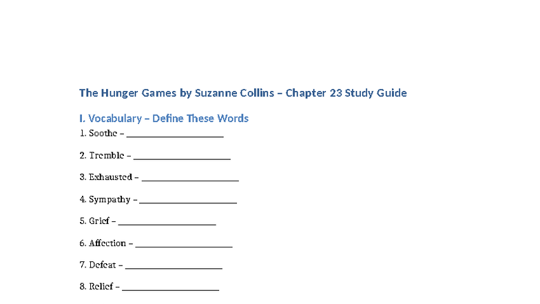 The Hunger Games Chapter 23 Study Guide 2 - The Hunger Games by Suzanne ...