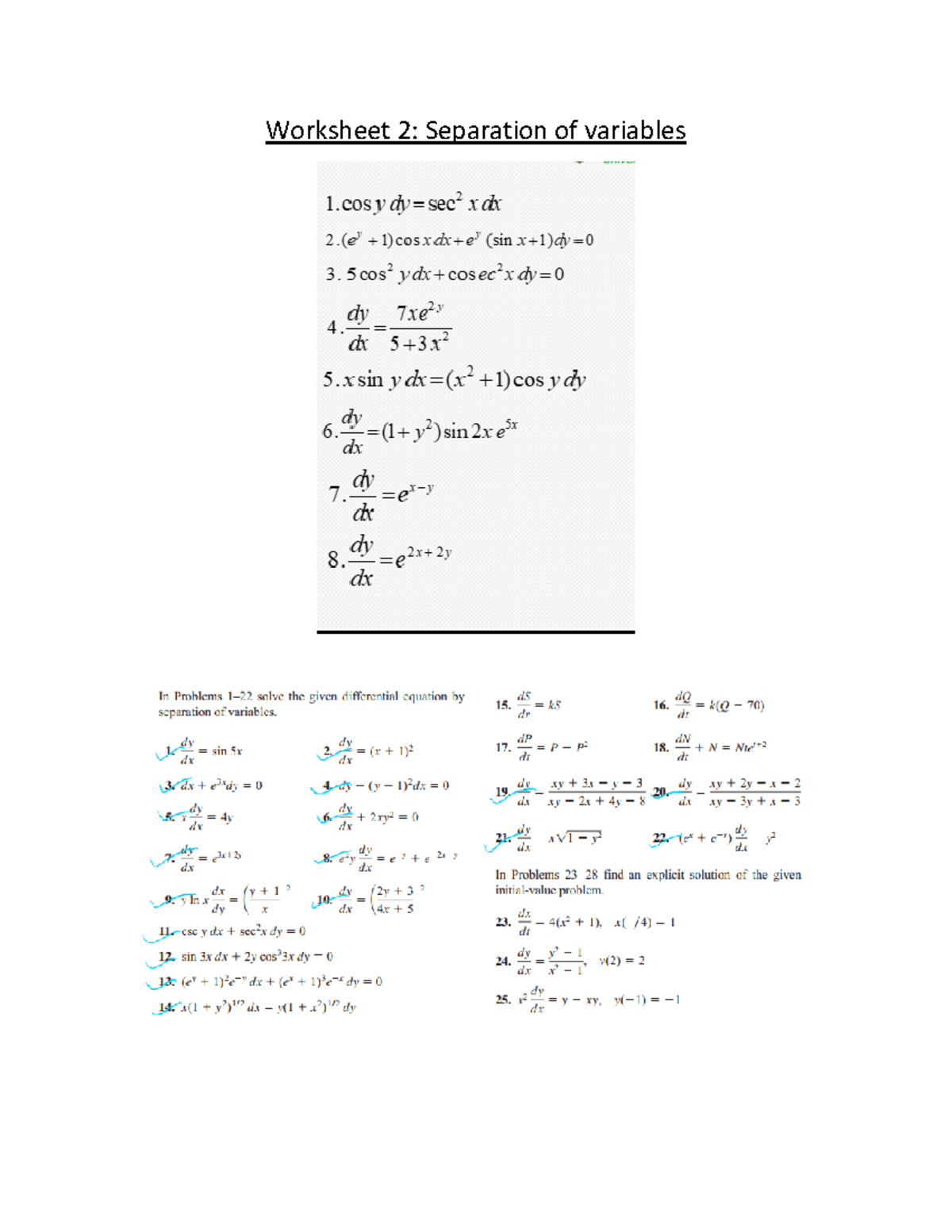 Worksheet 2 - Differential Equations: Separation of Variables - Studocu