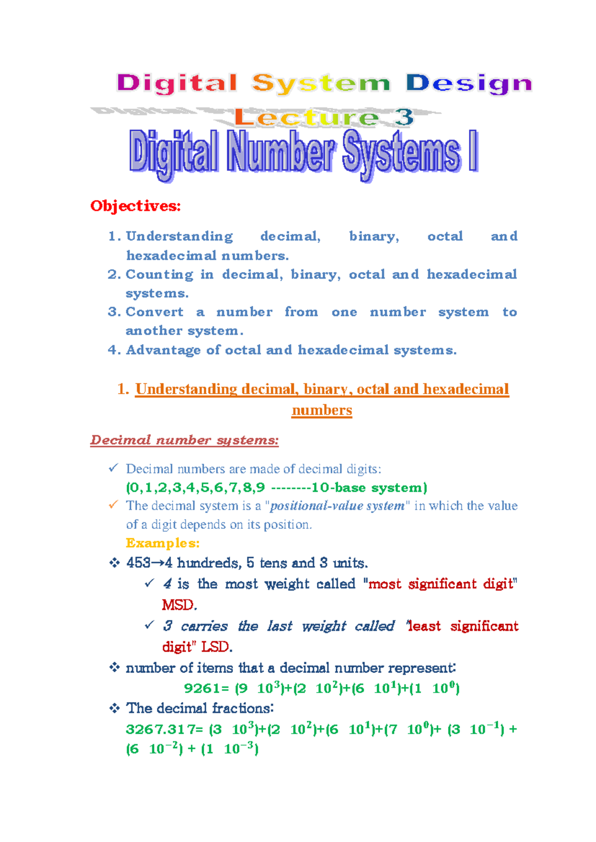 Lecture 3: Understanding Digital Number Systems (Decimal, Binary, Octal ...