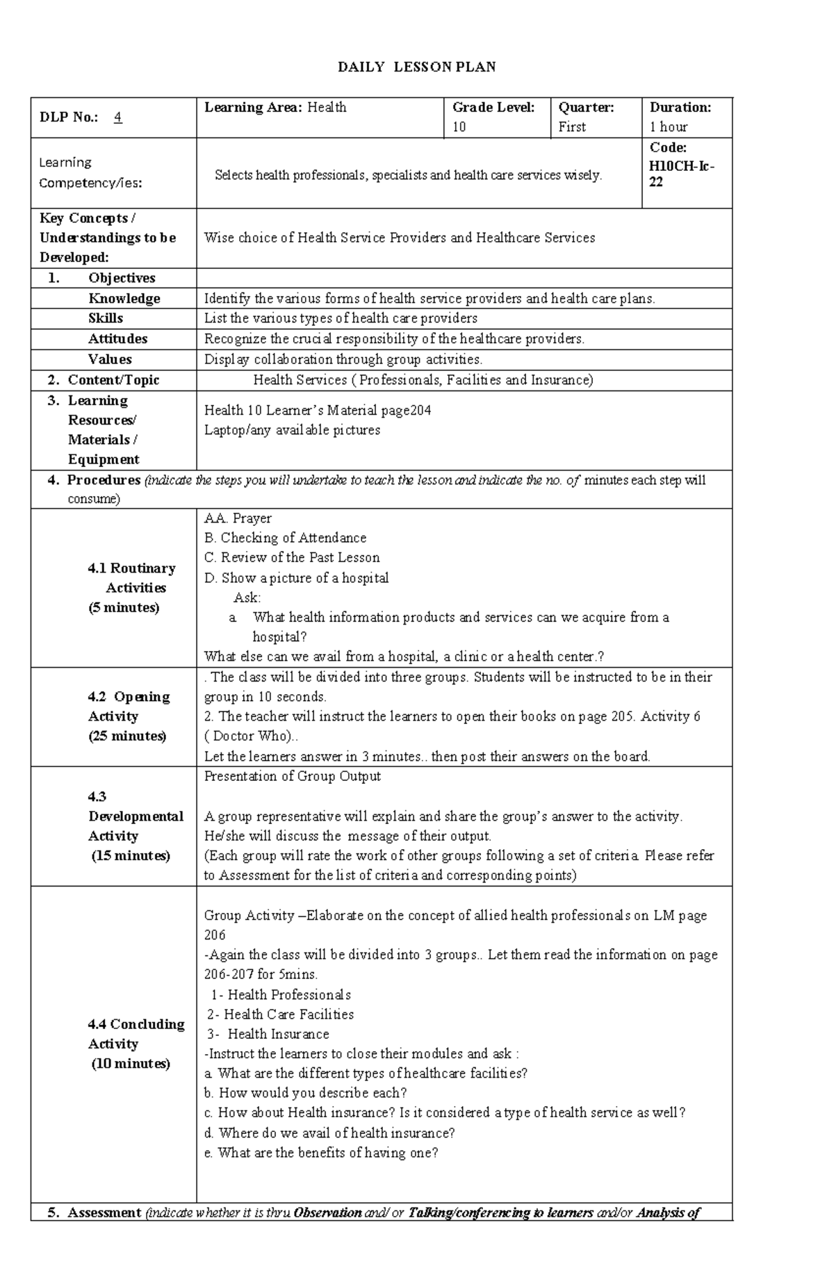 Daily Lesson Plan for Health 10 (H10CH-Ic-22) - 1st Quarter - Studocu