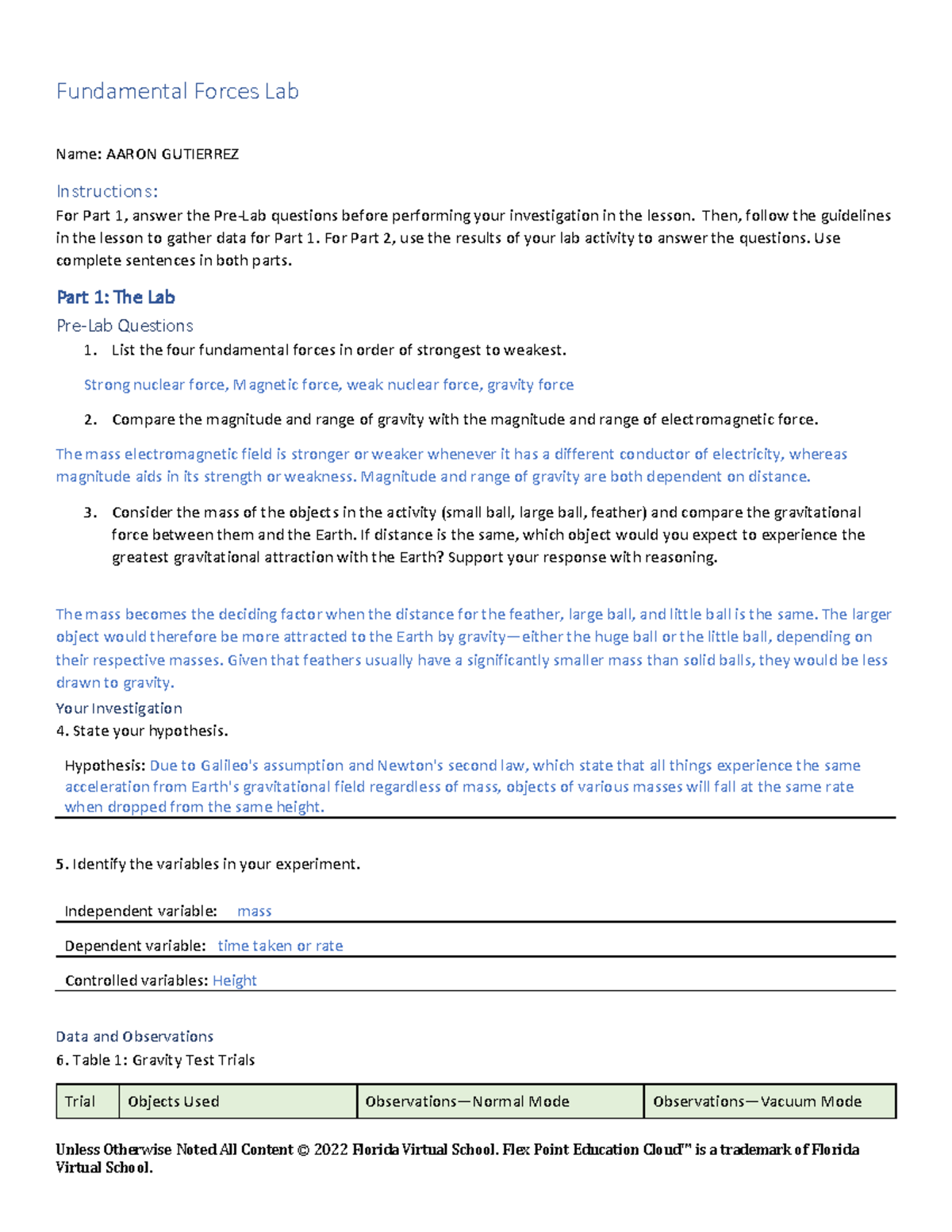 Fundamental Forces Lab Worksheet 01 06 - Florida Virtual School - Studocu