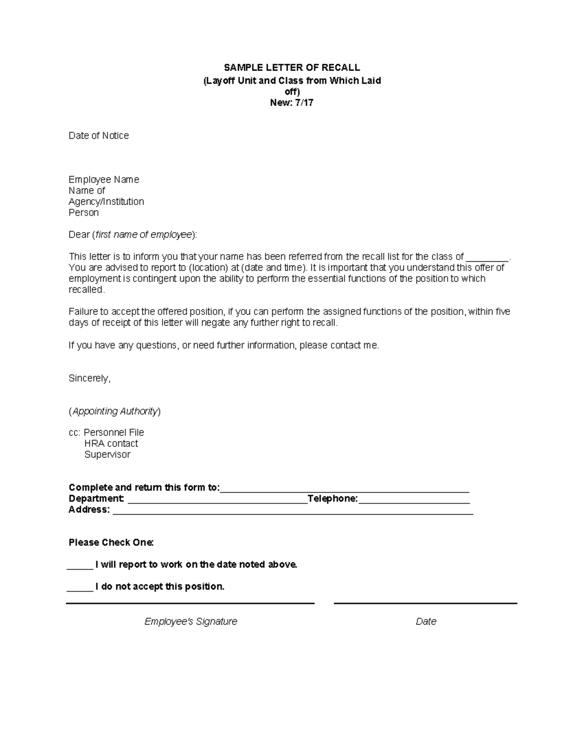 Recall Letter Sample for Employment Notification - Studocu