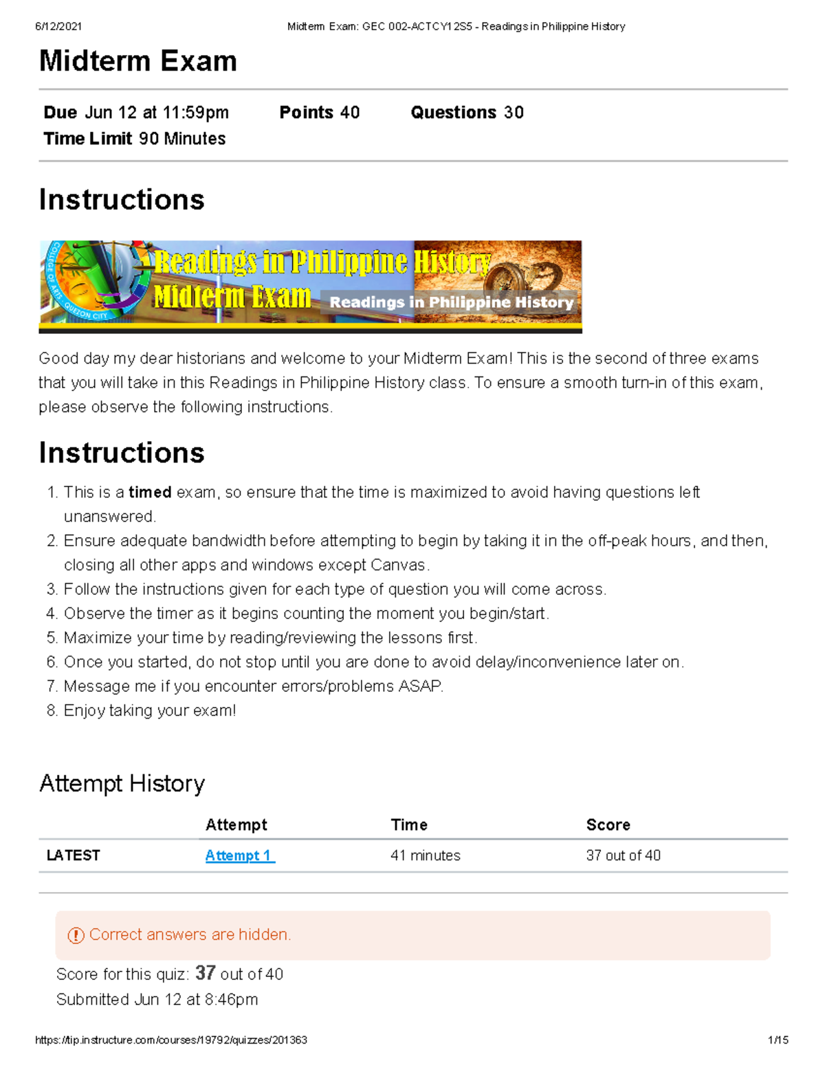 Midterm Exam GEC 002 Actcy 12S5: Readings in Philippine History Guide - Studocu