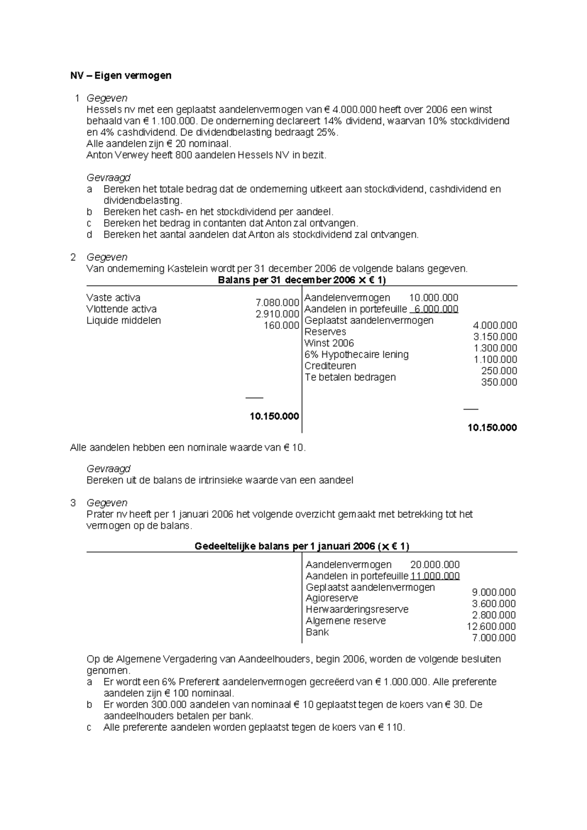 NV EV Oefenopgaven - Eigen Vermogen en Balansen Analyse - Studeersnel