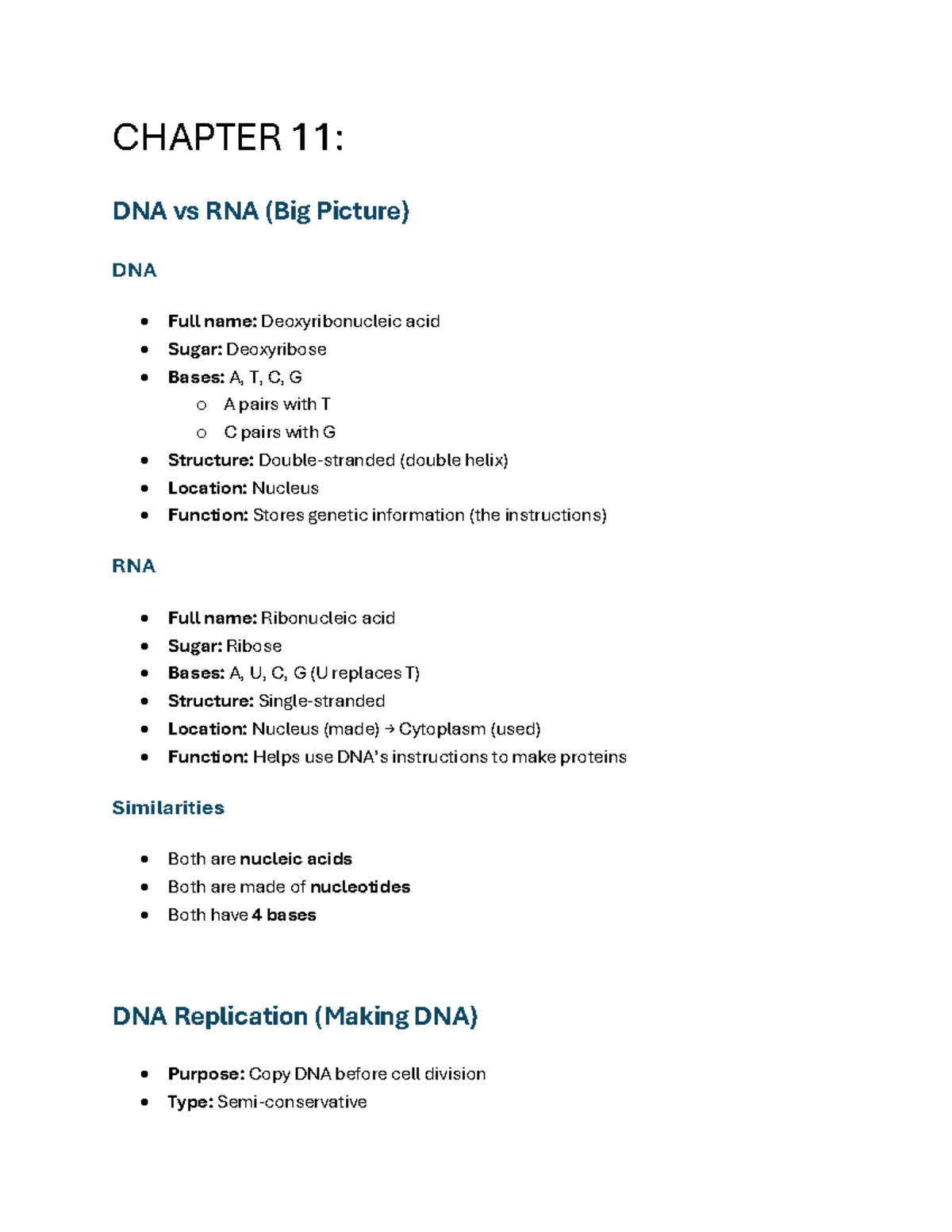 Chapter 11: DNA vs RNA Overview - Studocu