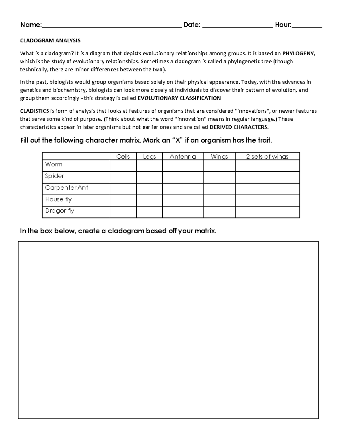 Cladogram Analysis Worksheet: Evolutionary Relationships and ...