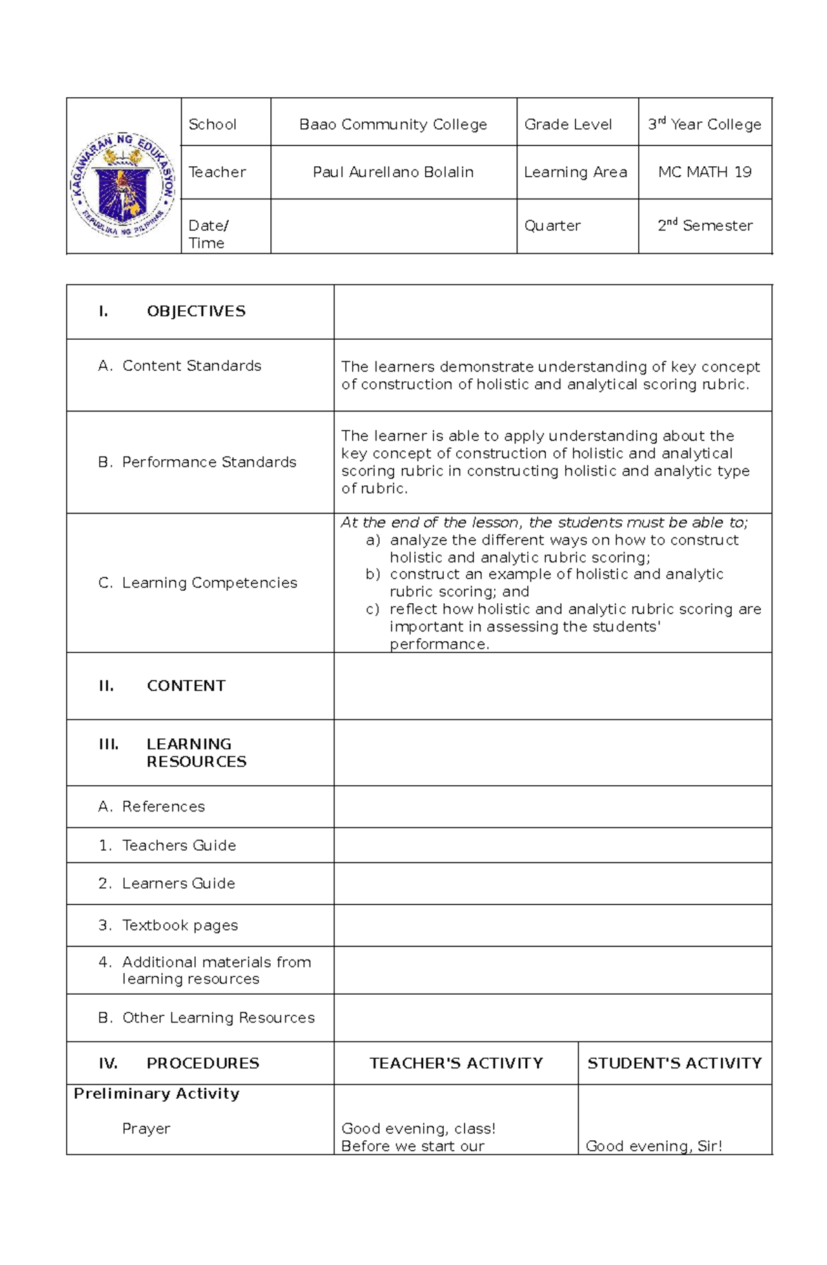 Lesson Plan for MC MATH 19: Holistic & Analytic Rubric Construction ...