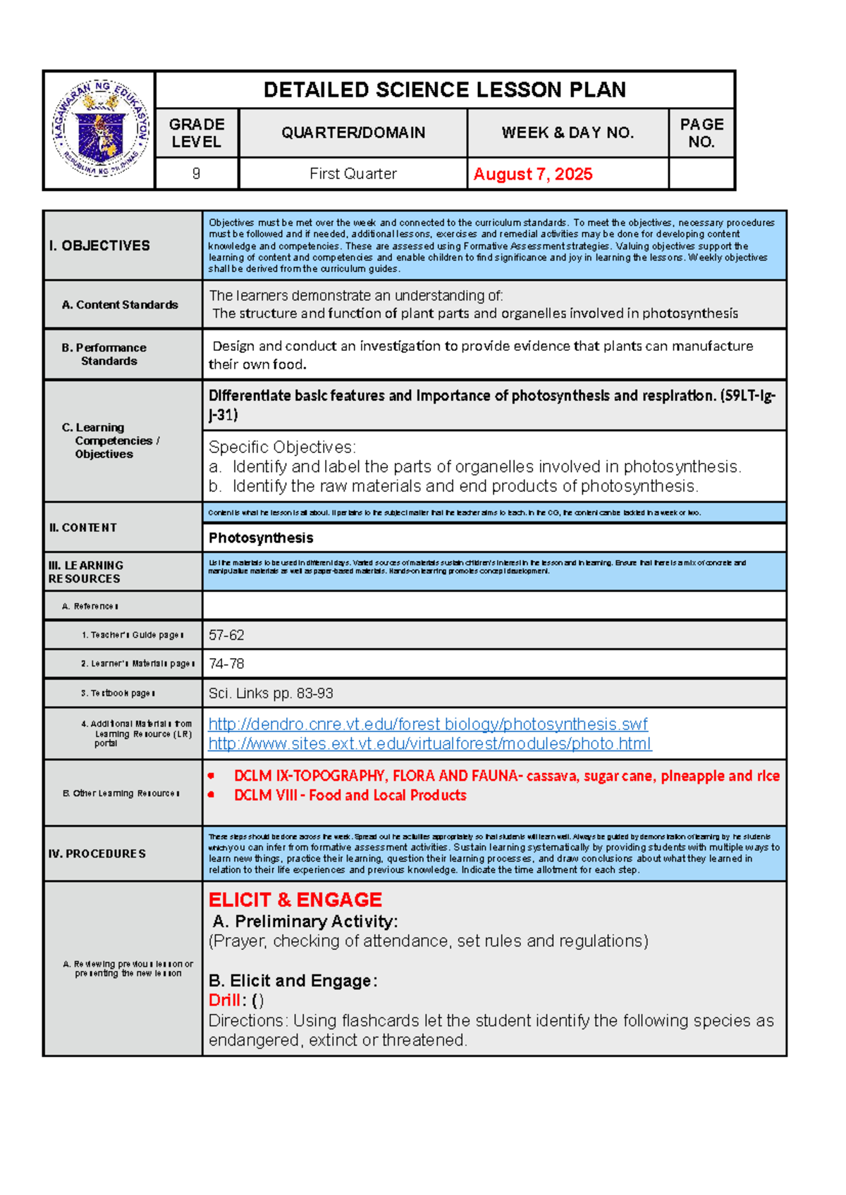 Grade 9 Science Lesson Plan: Photosynthesis Overview and Activities ...