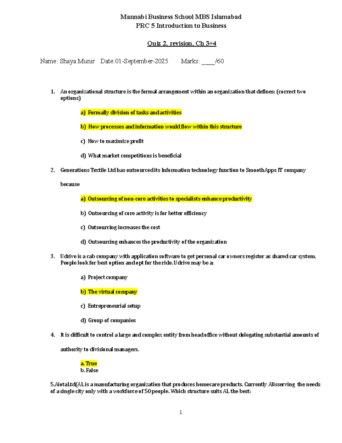 MBS Islamabad PRC 5 Introduction to Business Quiz 2 Revision Ch 3 & 4 - Studocu