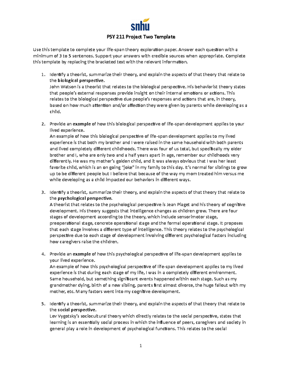 PSY 211 Project Two - Life-Span Theory Exploration Template - Studocu
