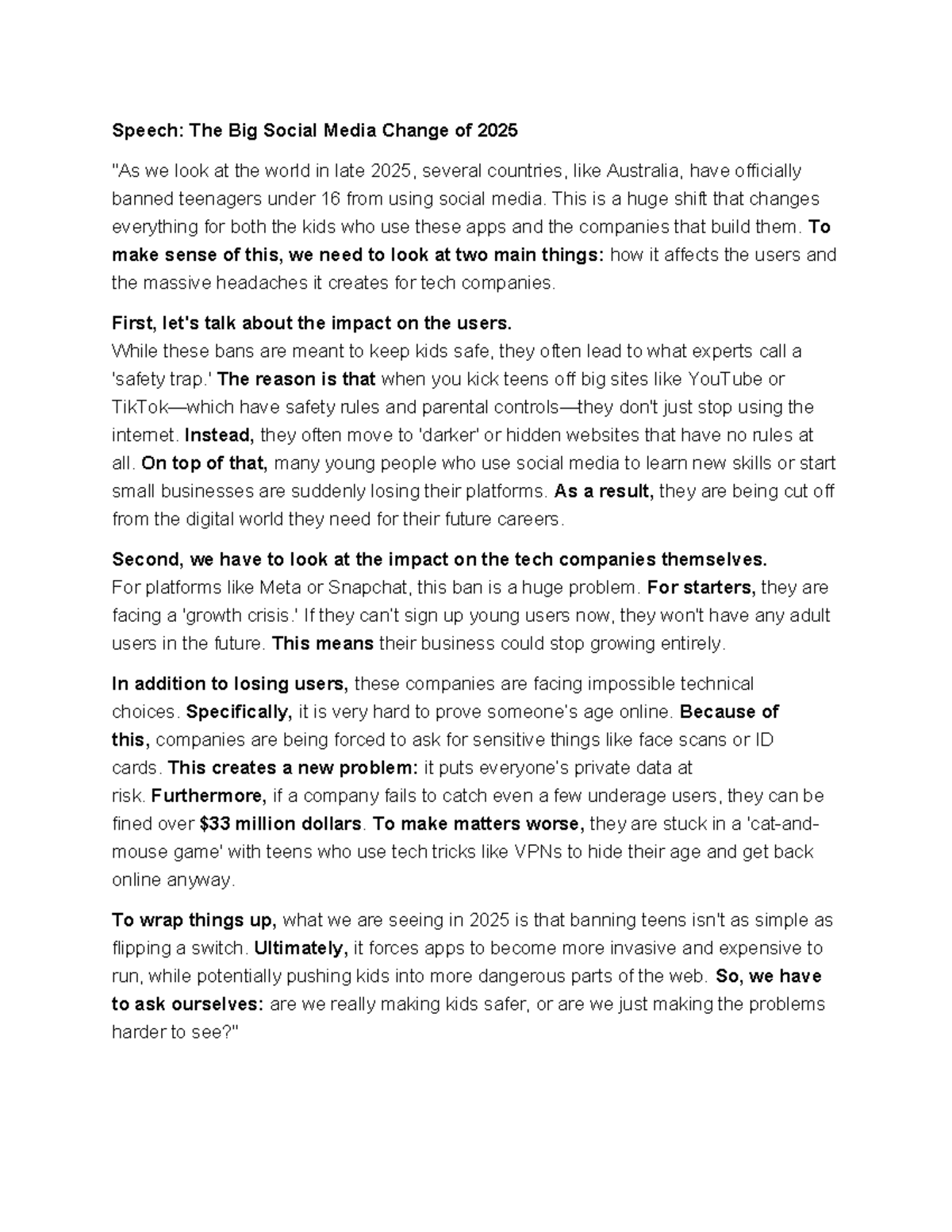 Speech: The Impact of Social Media Bans on Teens in 2025 - Studocu