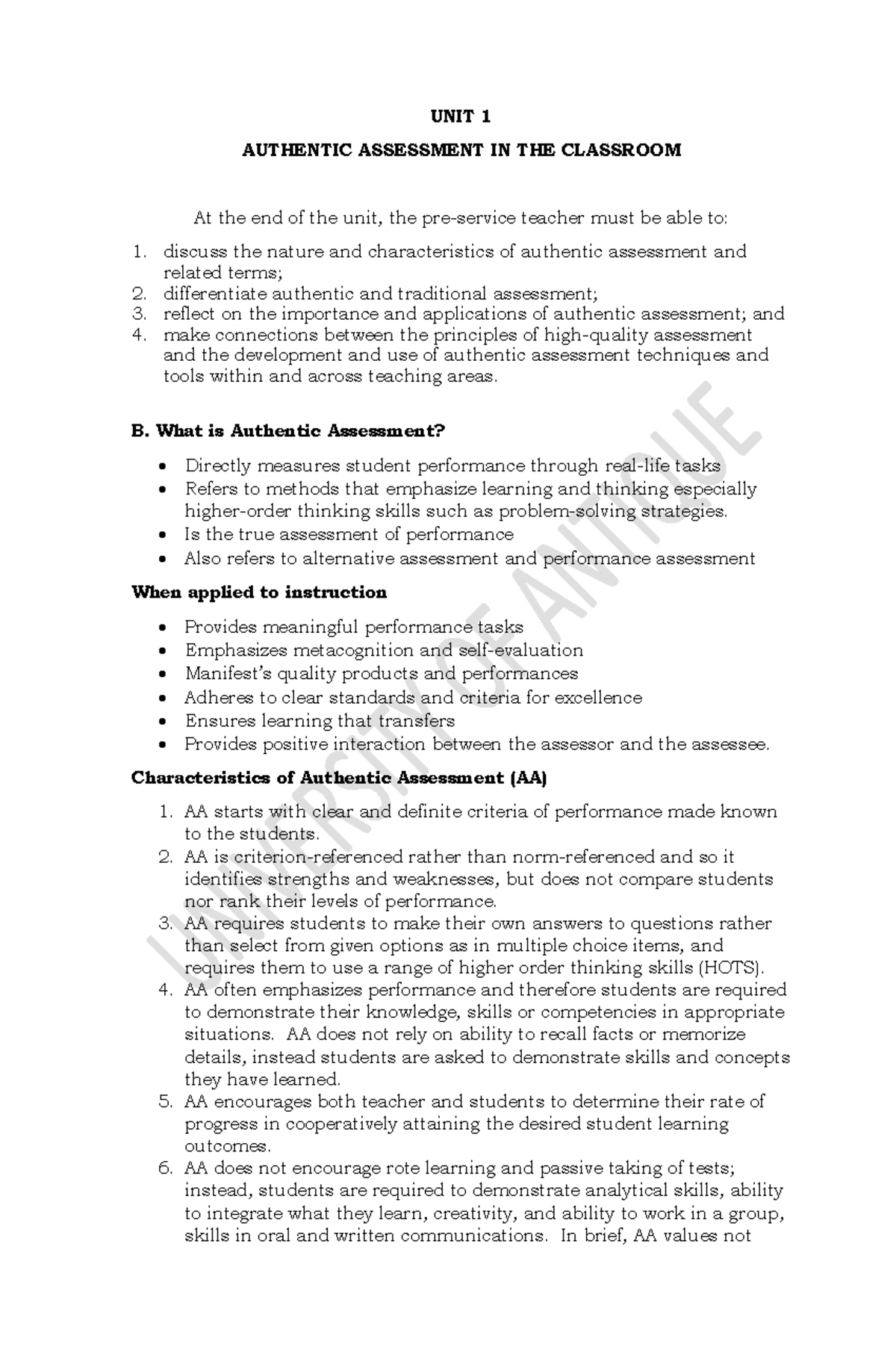 UNIT-1-B - Lecture Notes on Authentic Assessment in Classroom - Studocu