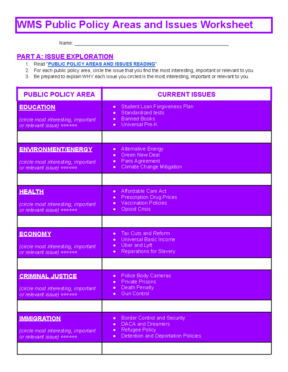 Copy of WMS Public Policy Areas and Issues Worksheet - WMS Public ...
