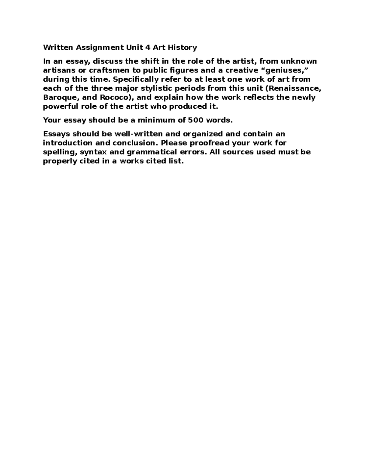 Written Assignment Unit 4 Art History - Written Assignment Unit 4 Art ...