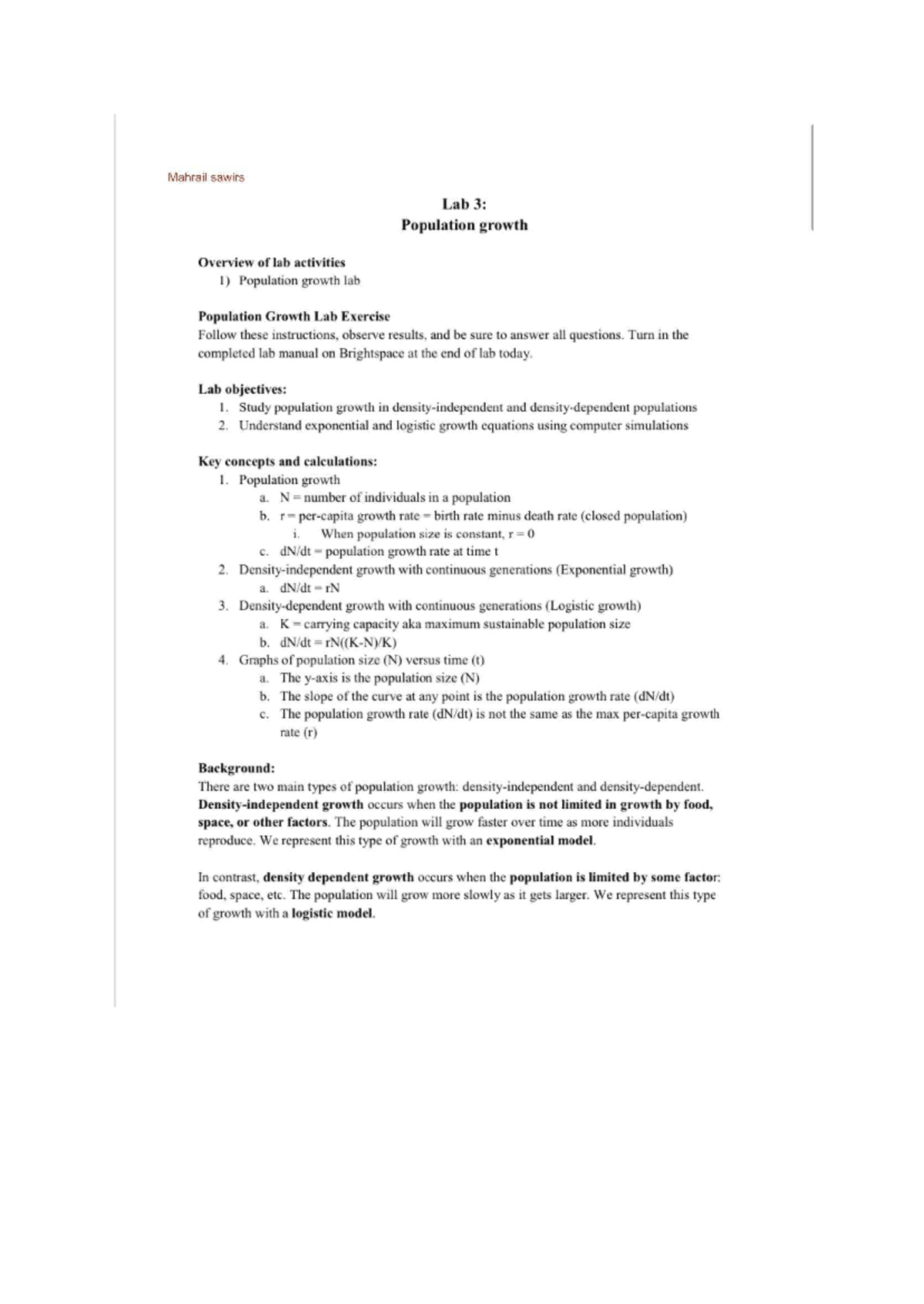 Lab 3: Population Growth Analysis and Simulation (BIO101) - Studocu