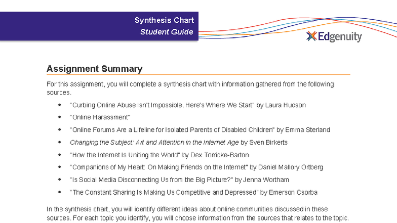 Project - Synthesis Chart - Student Guide - Synthesis Chart Student ...