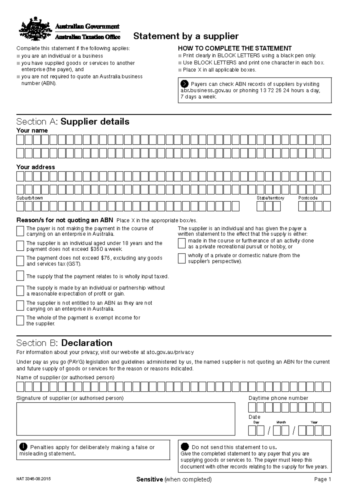 ATO - Hobby Form Statement for Suppliers Not Quoting ABN - Studocu