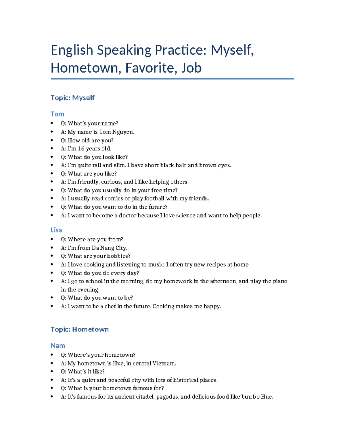 English Speaking Practice: Myself, Hometown, Favorites, and Jobs - Studocu