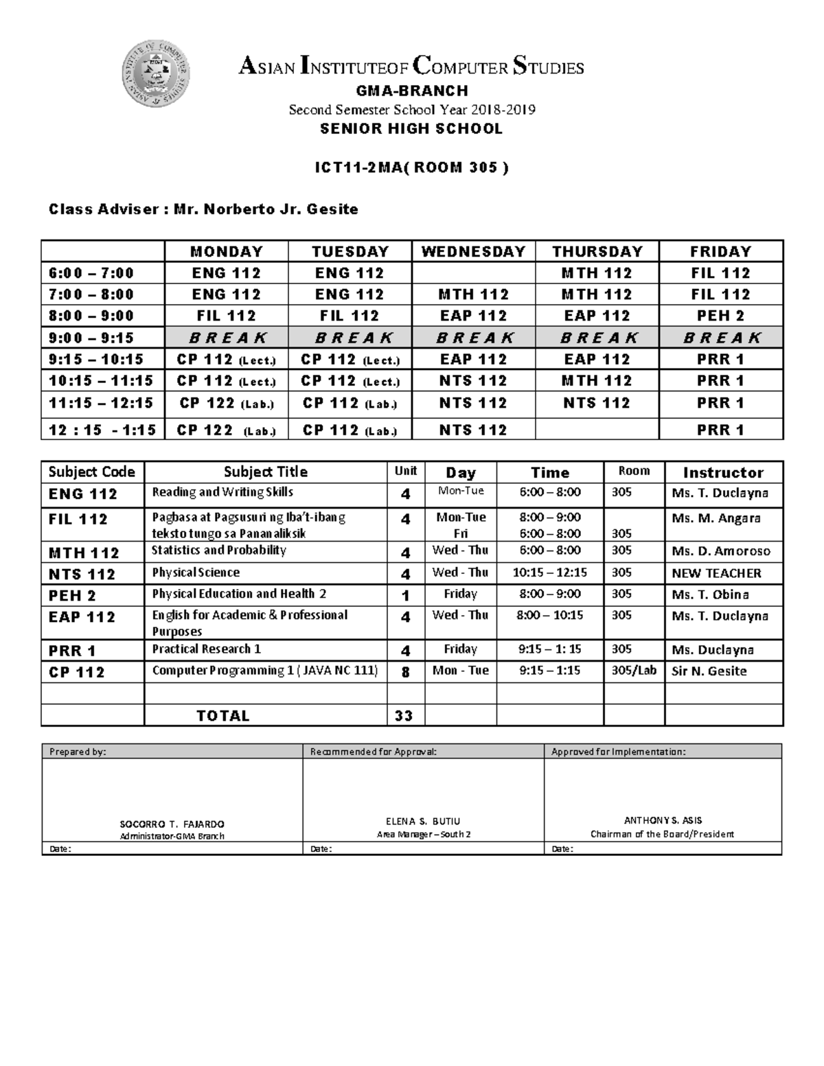 GMA Class- Schedule -2ND-SEM-2018-19 - GMA-BRANCH Second Semester ...
