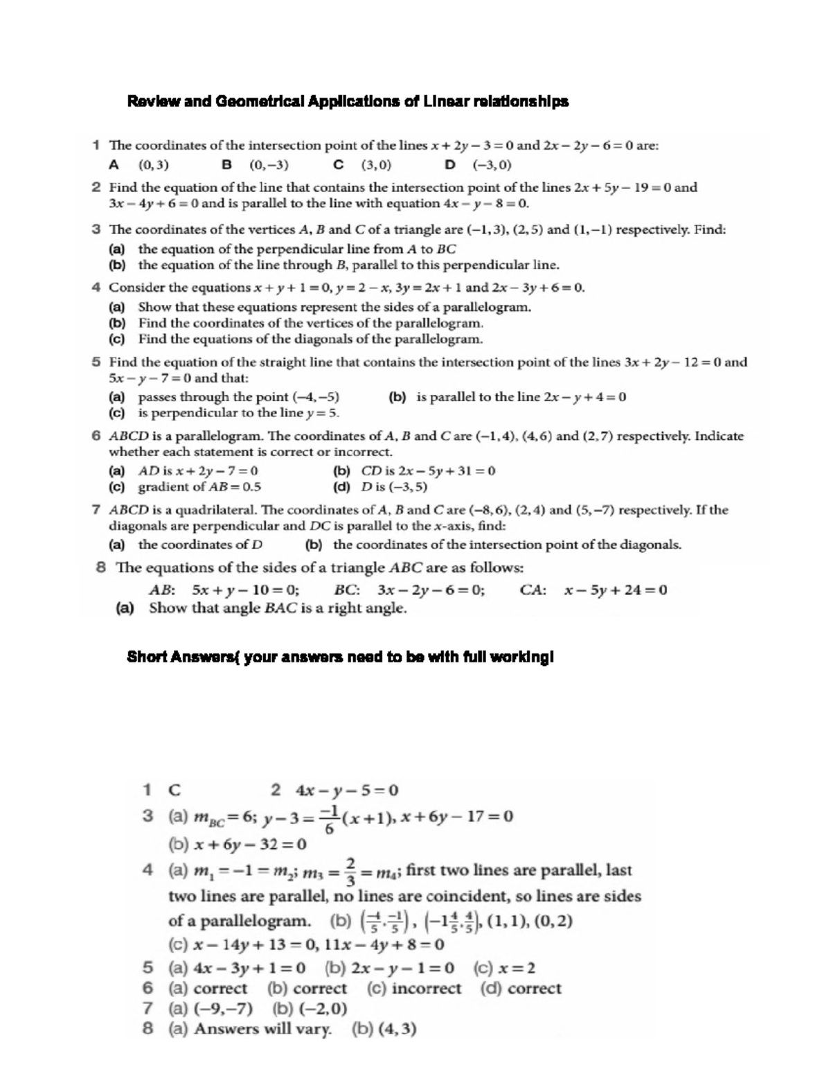 Geometrical Applications of Linear Relationships: Review & Exercises ...