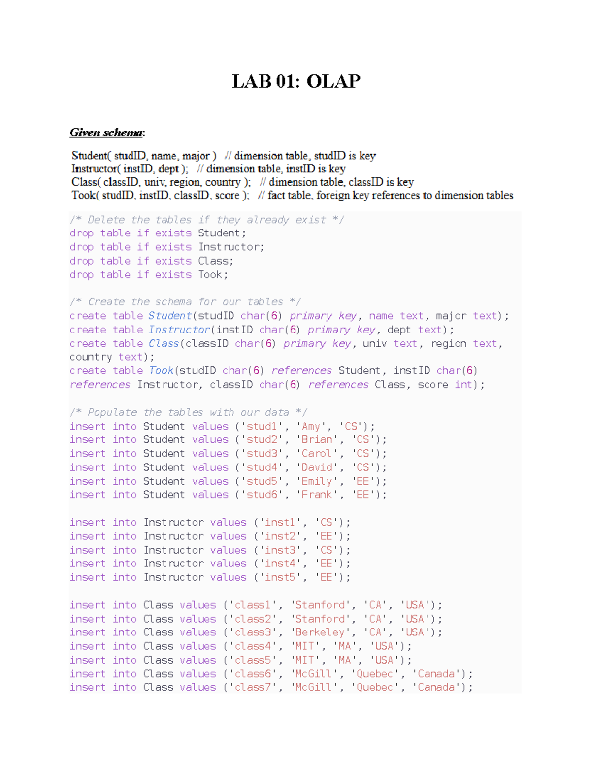 LAB 01: OLAP - Schema Creation and Data Analysis - Studocu