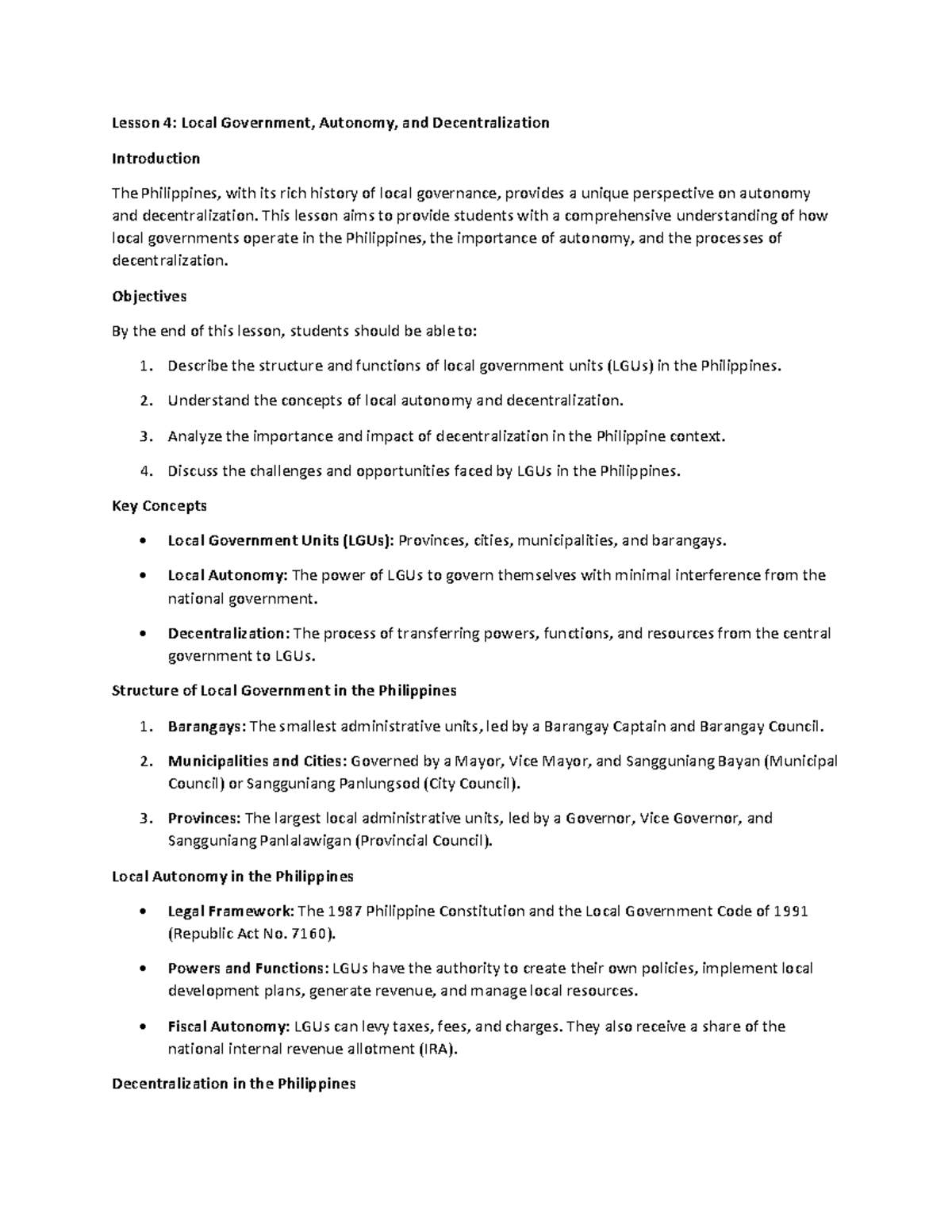 Lesson 4: Local Government Autonomy & Decentralization in the ...